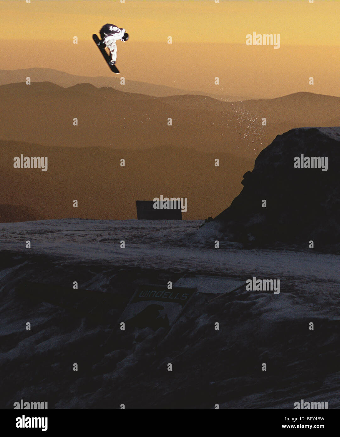 Mason Aguerre hits a terrain park jump at Sunset at Mt Hood Stock Photo ...