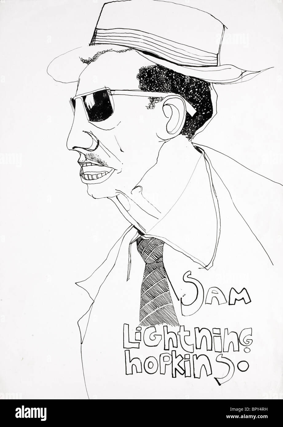 Contemprary drawing of Sam (Lightnin') Hopkins (1912-82). Country Blues ...