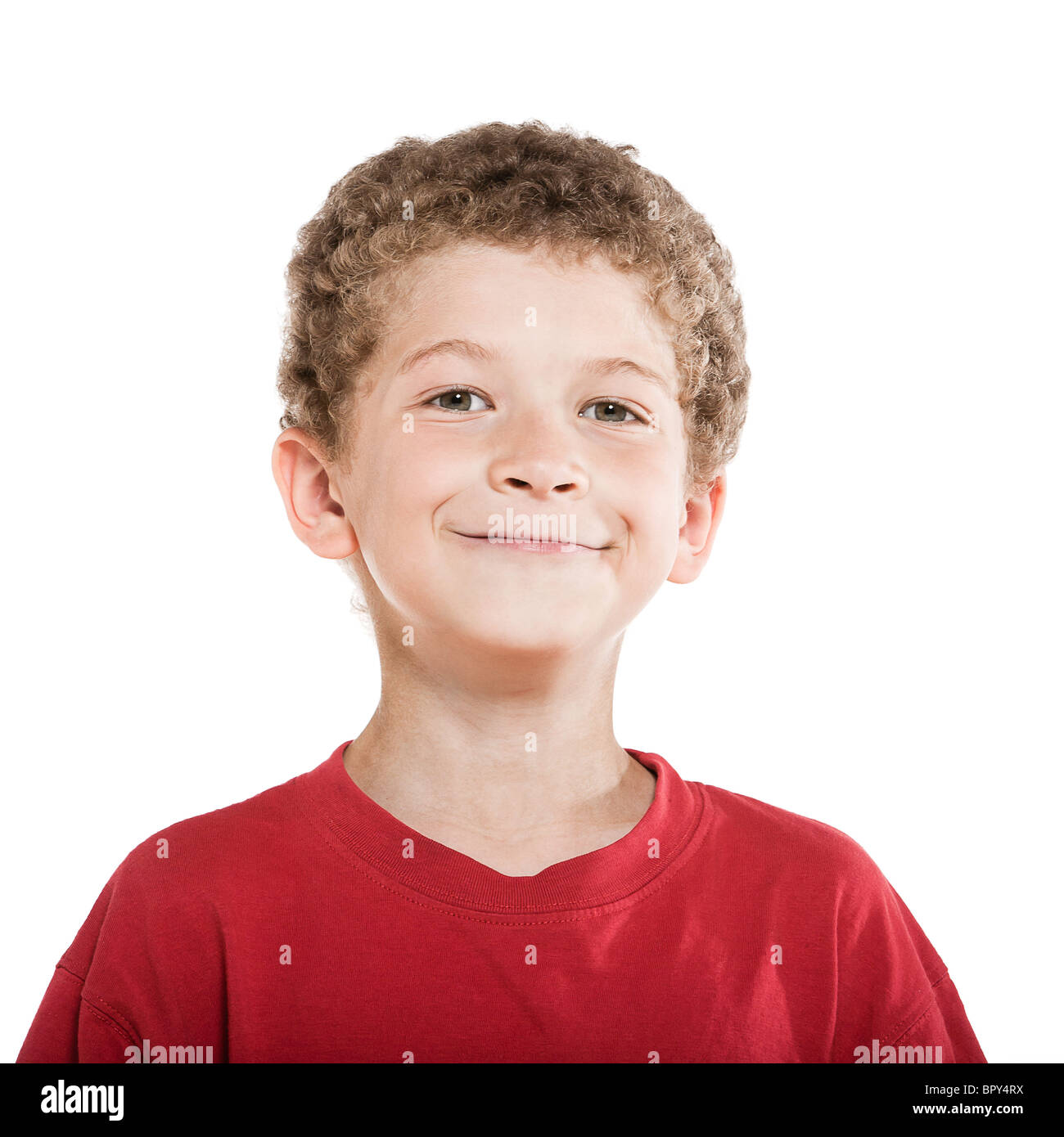 little caucasian boy portrait smiling cheerful isolated studio on white ...