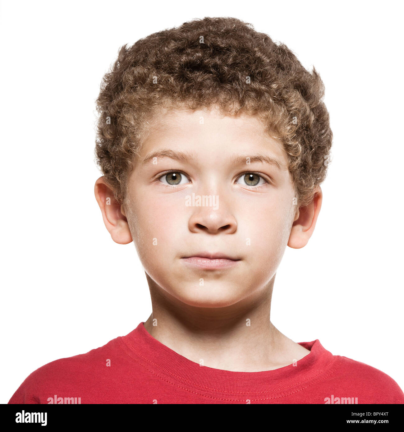 little caucasian boy portrait blank expression isolated studio on white ...