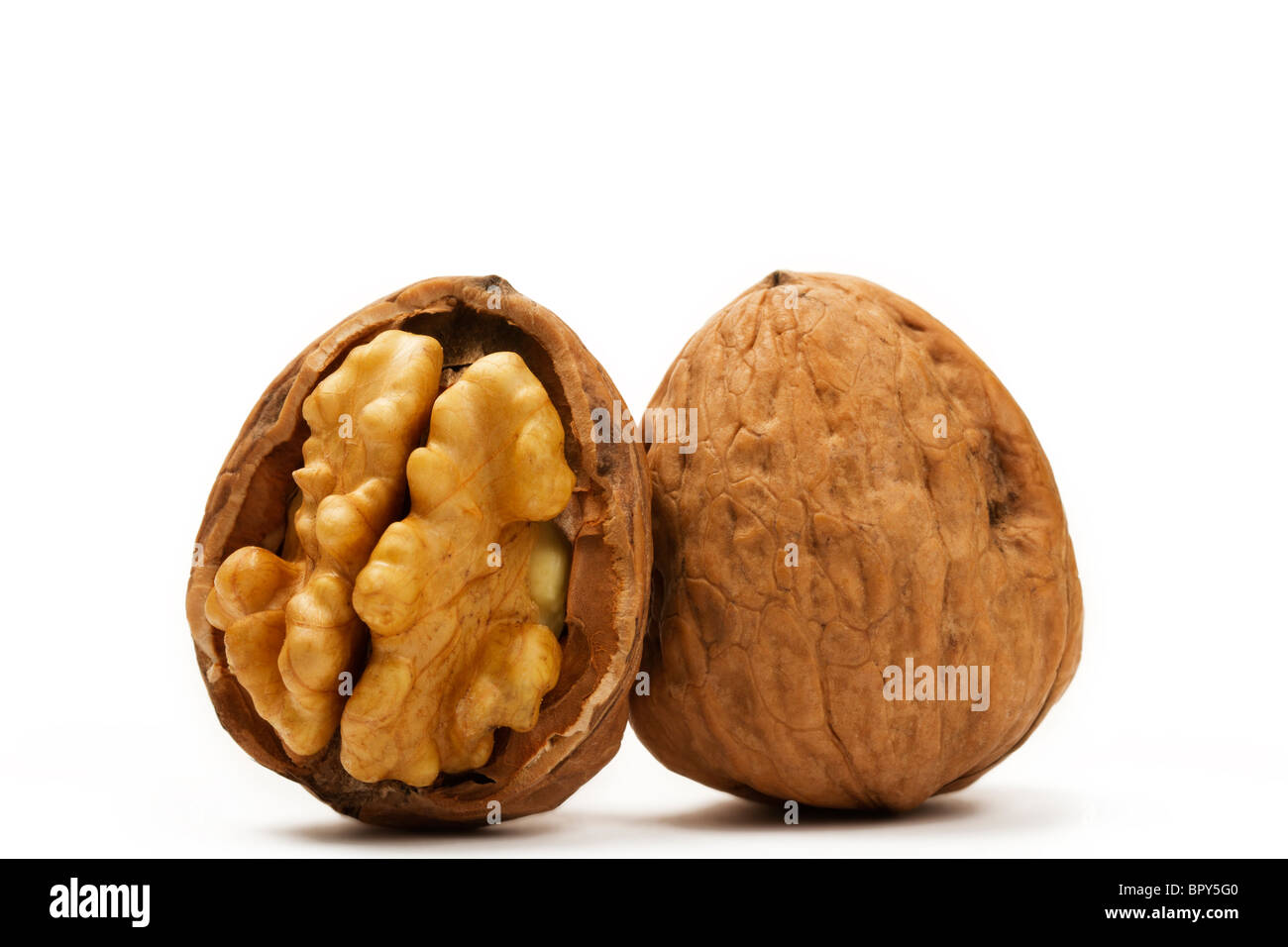 walnut and a cracked walnut on white background Stock Photo - Alamy