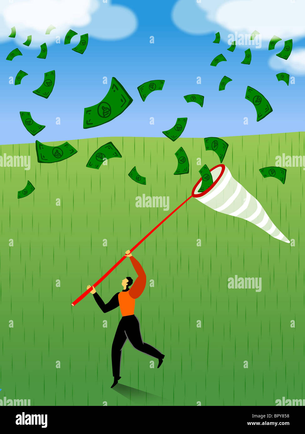 A businessman catching money with a net Stock Photo - Alamy
