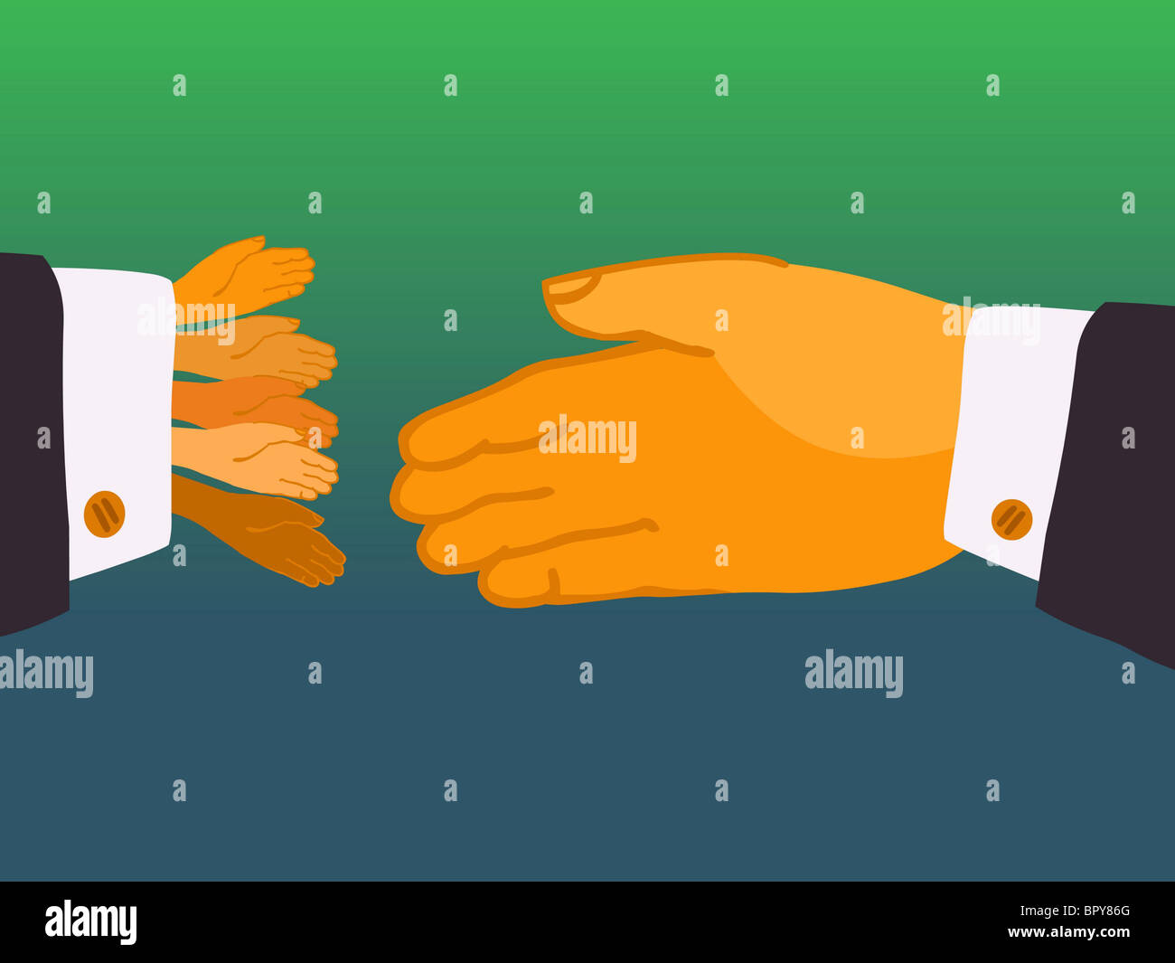 A large hand shaking hands with five little hands Stock Photo - Alamy