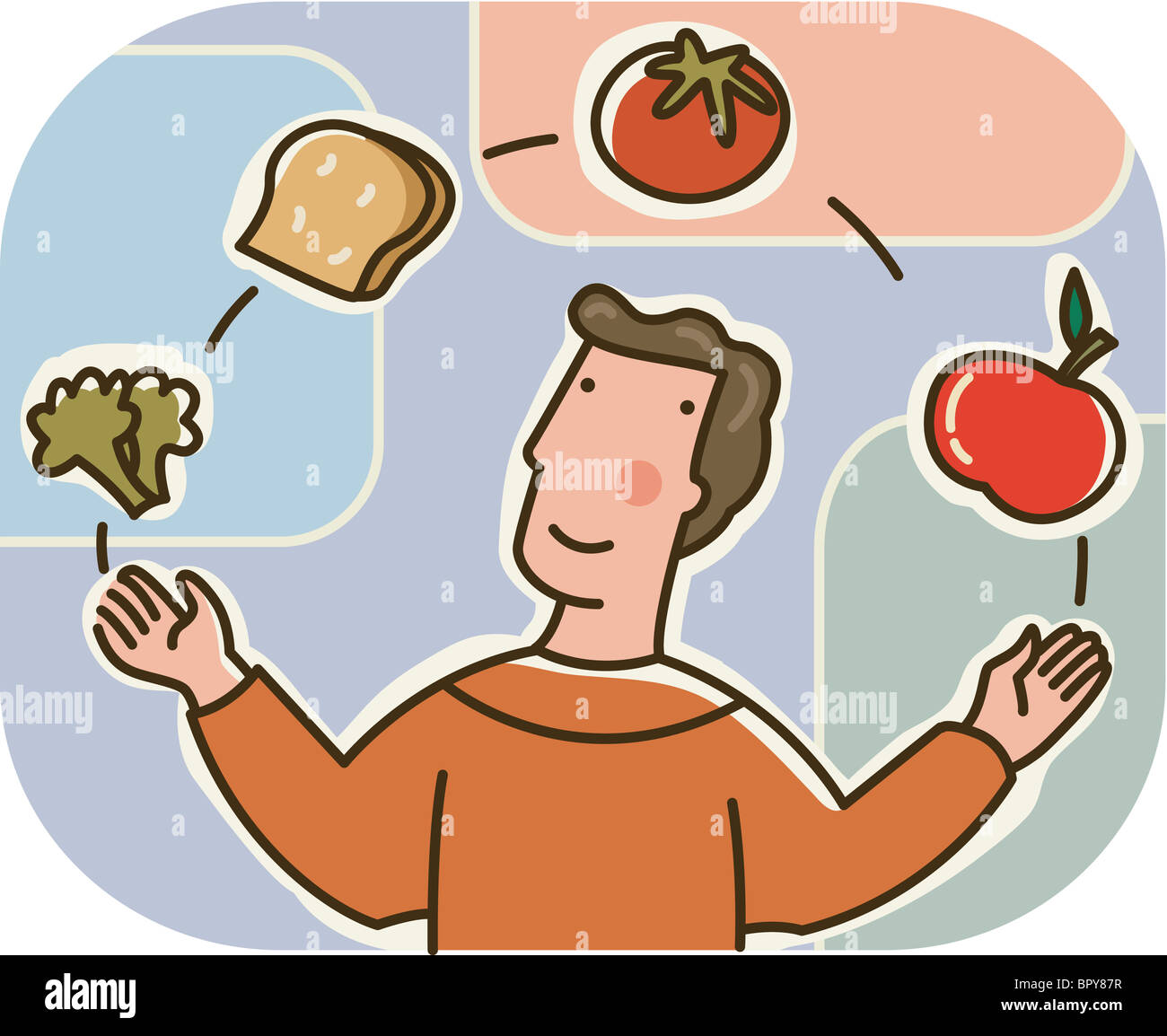 A man juggling healthy foods including broccoli, bread, a tomato, and ...