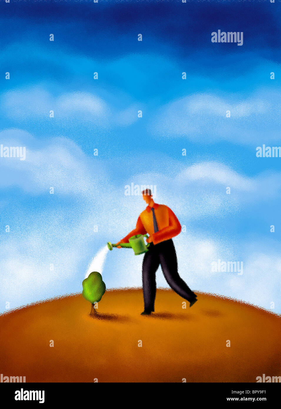 A man watering a small tree Stock Photo - Alamy