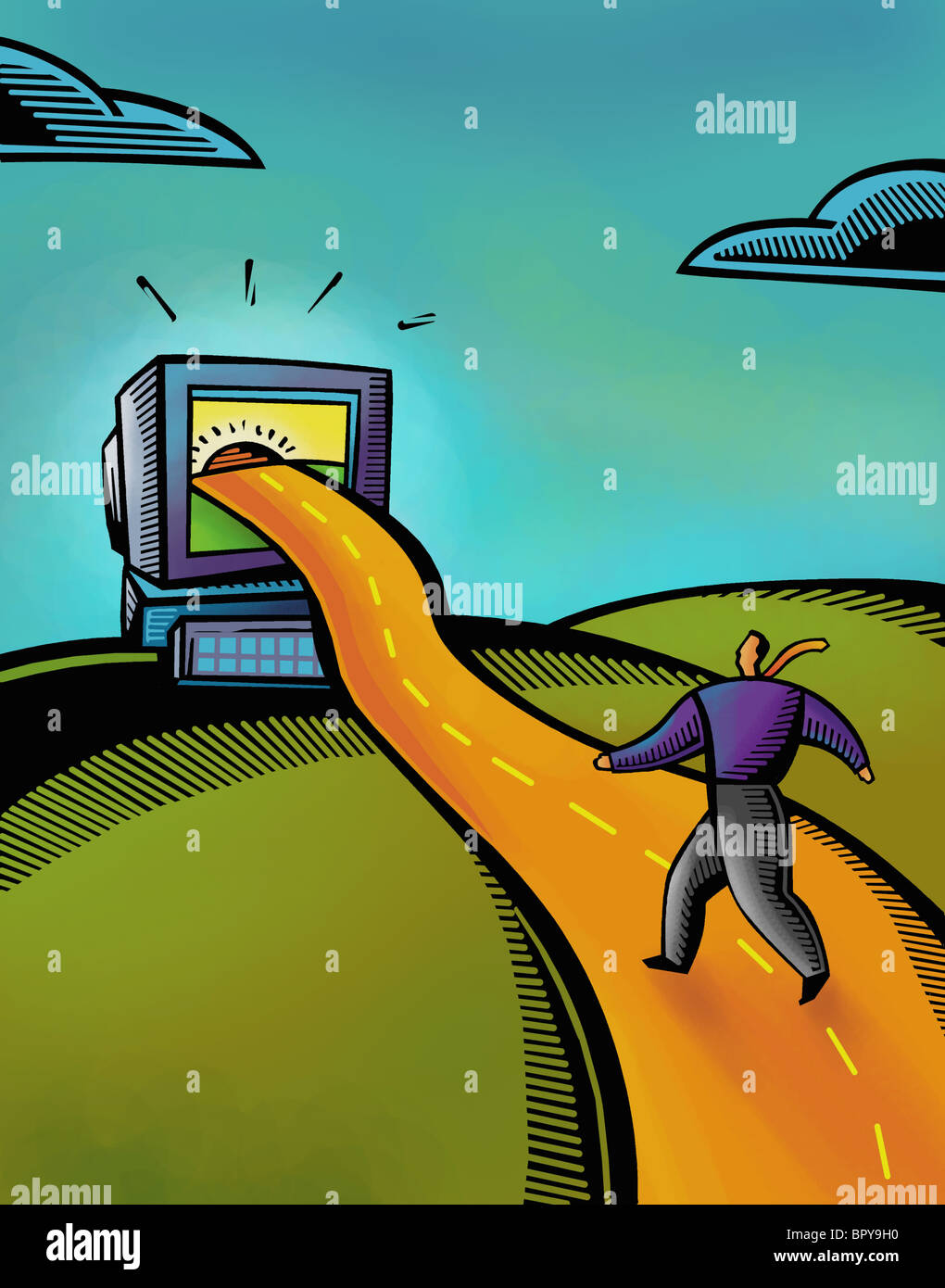 A walking on a path leading to a computer screen Stock Photo - Alamy