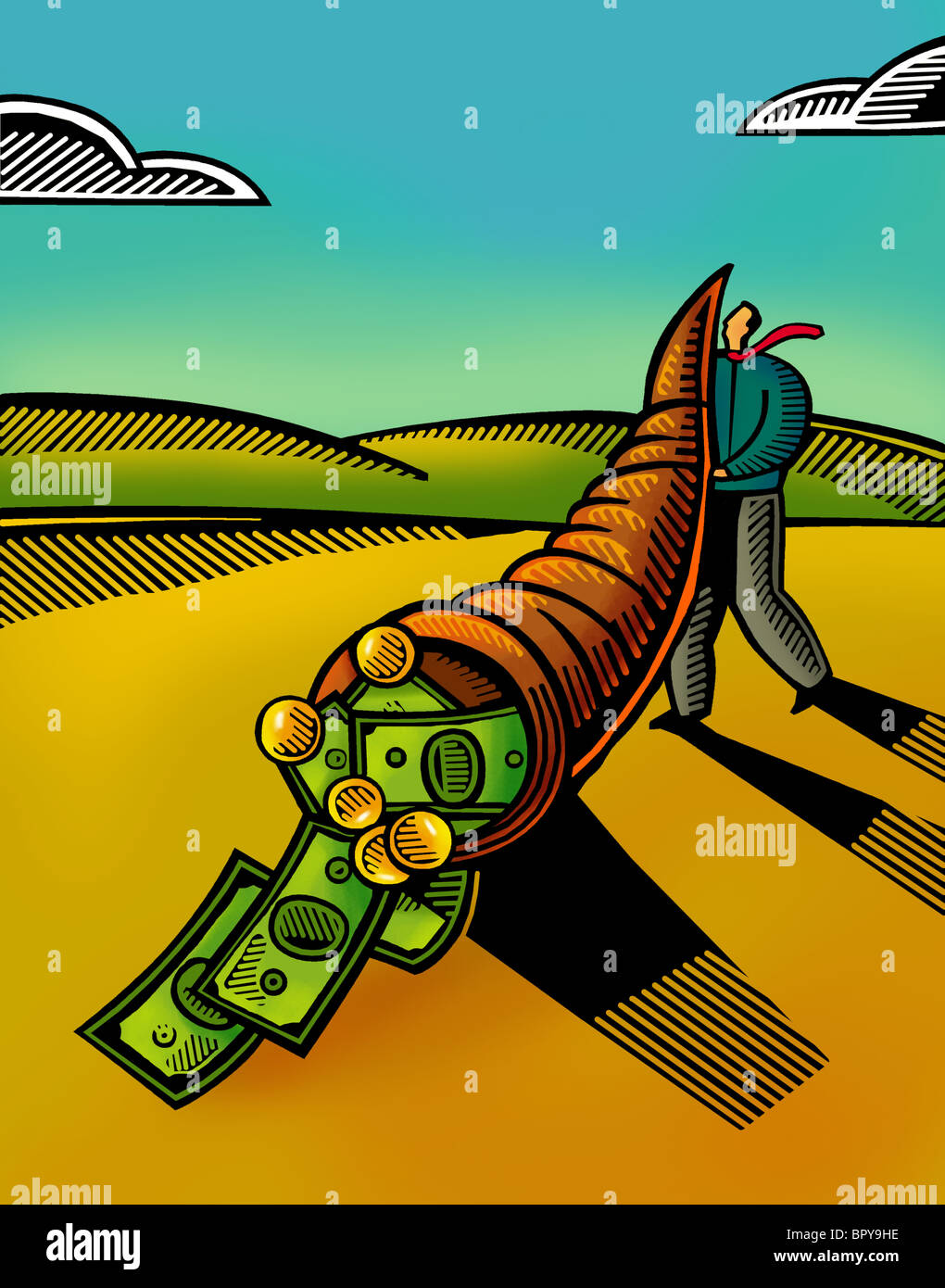 Bank notes and coins falling out of a long sack Stock Photo - Alamy