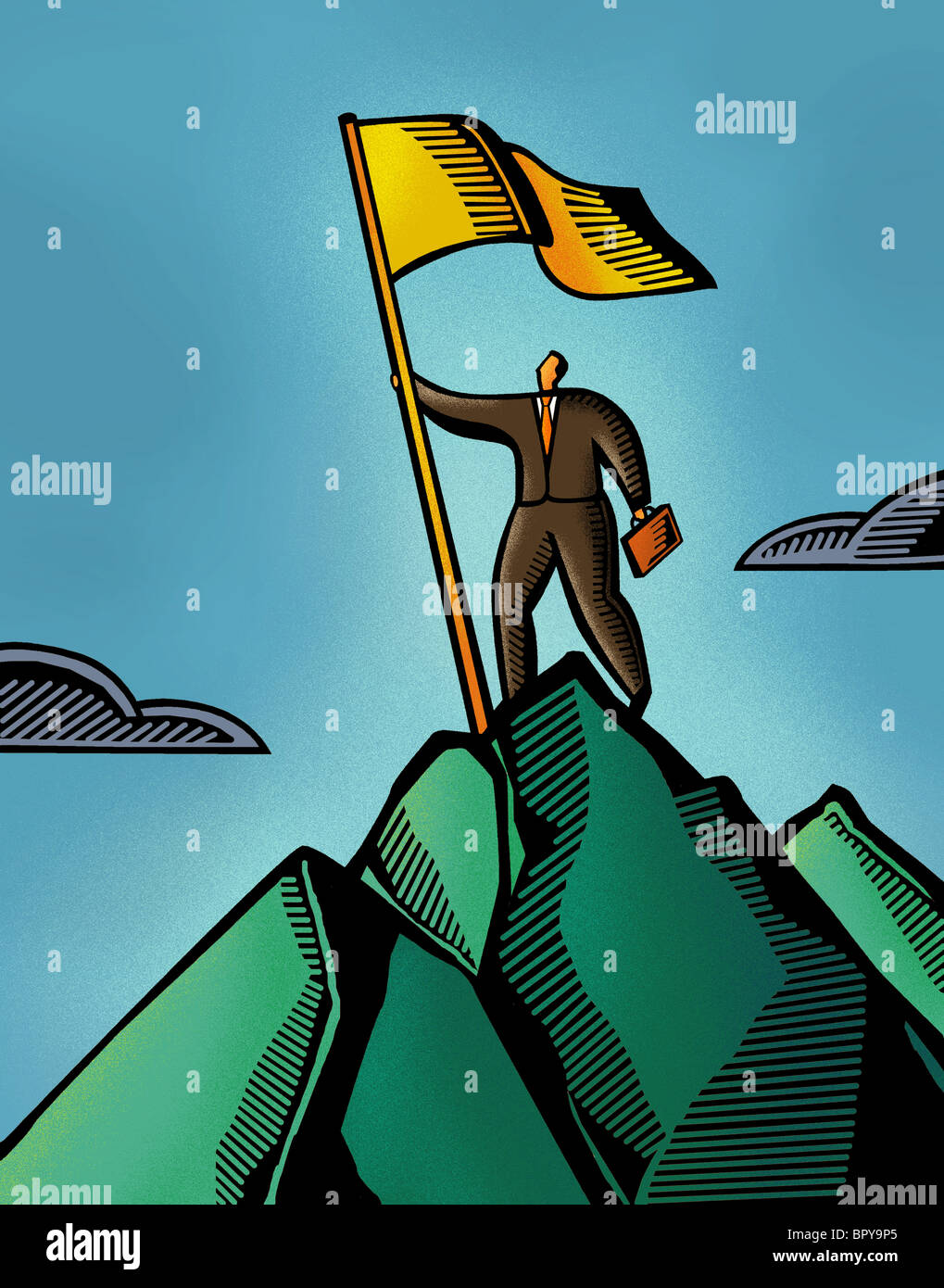 A man planting a flag at the summit of a mountain Stock Photo - Alamy