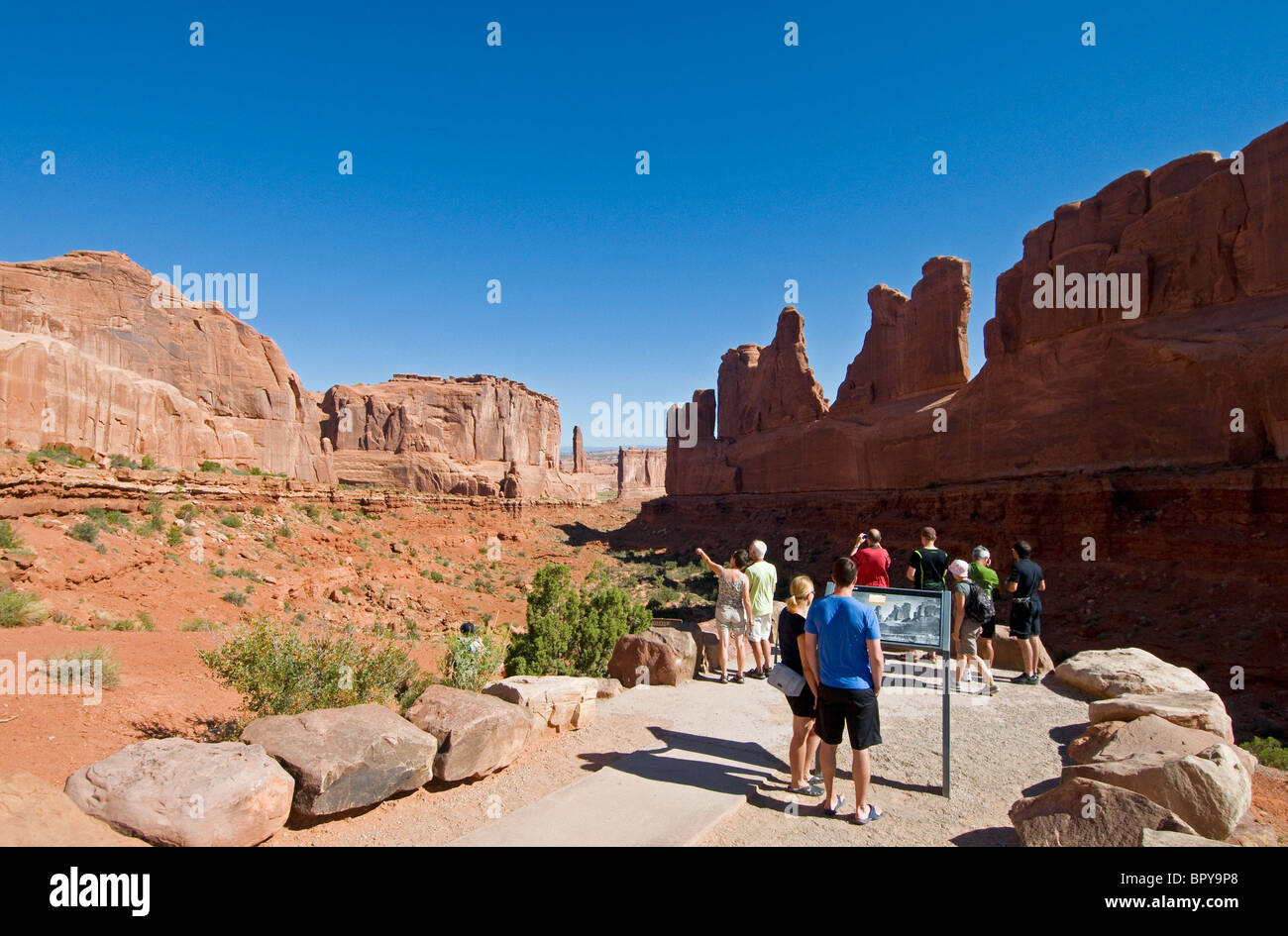 Tourists at Park Avenue overlook in Arches National Park Utah Stock ...