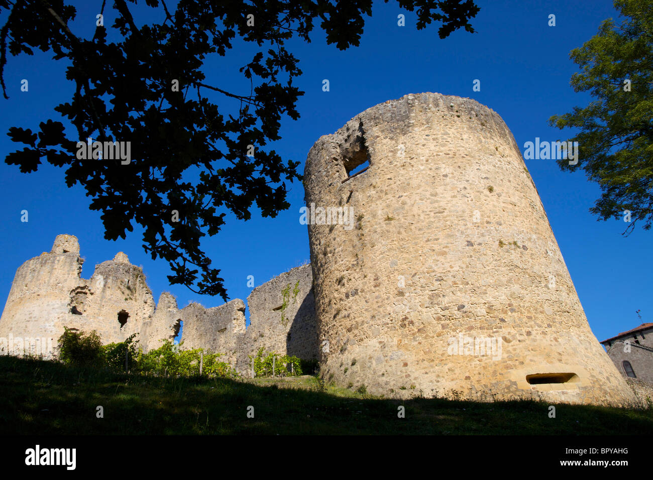 Ruined castle at St-Germain-de-Confolens in France with a small ...