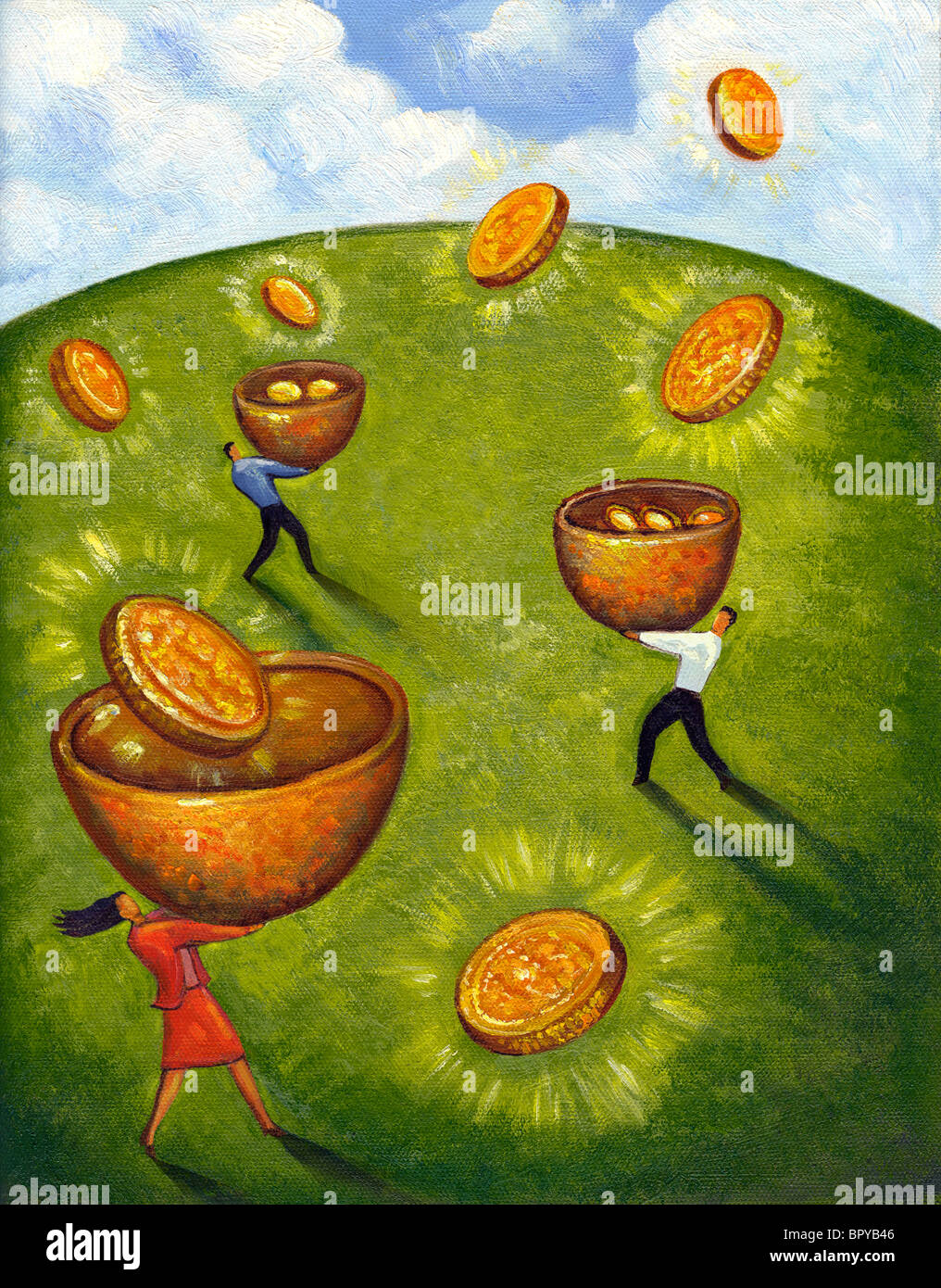 An illustration of three people catching gold coins in baskets Stock ...