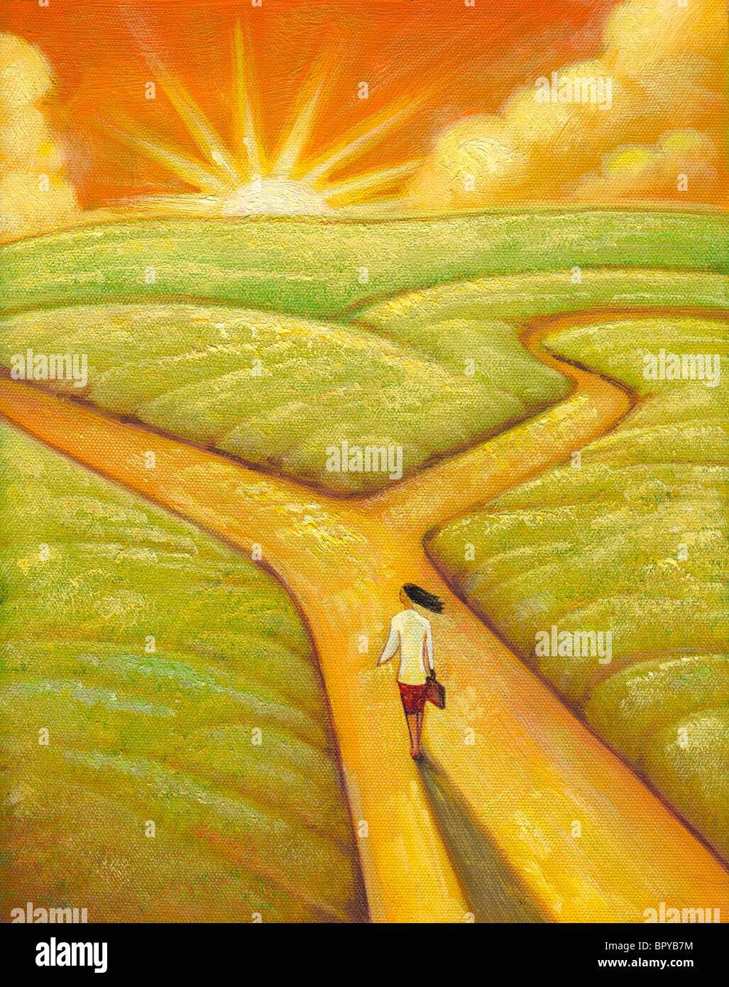An illustration of a woman arriving at a crossroads Stock Photo - Alamy