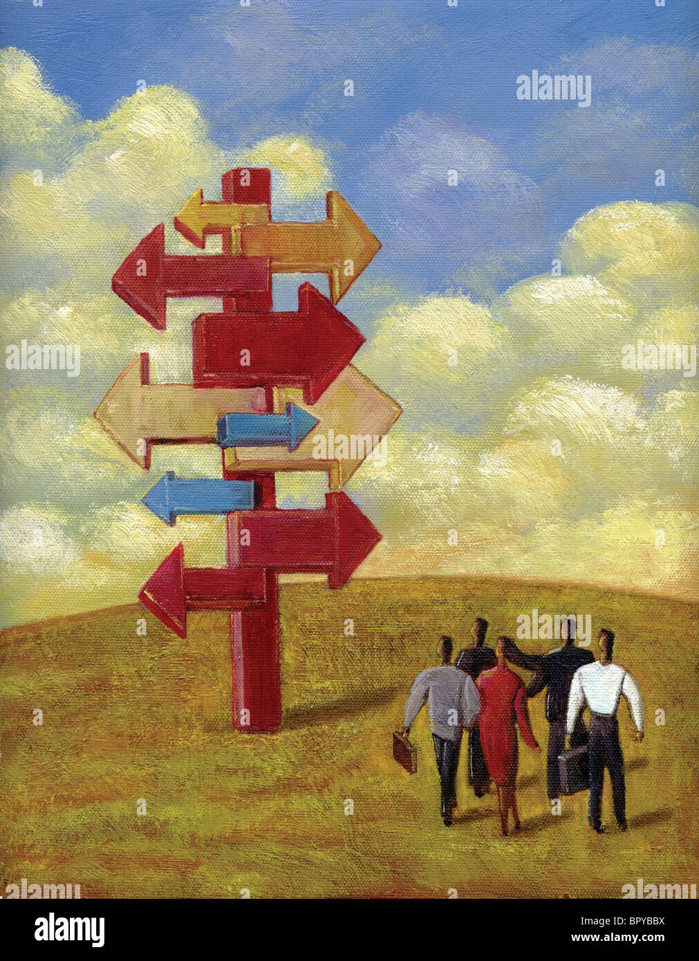 Illustration of a group of people standing infront of directional ...