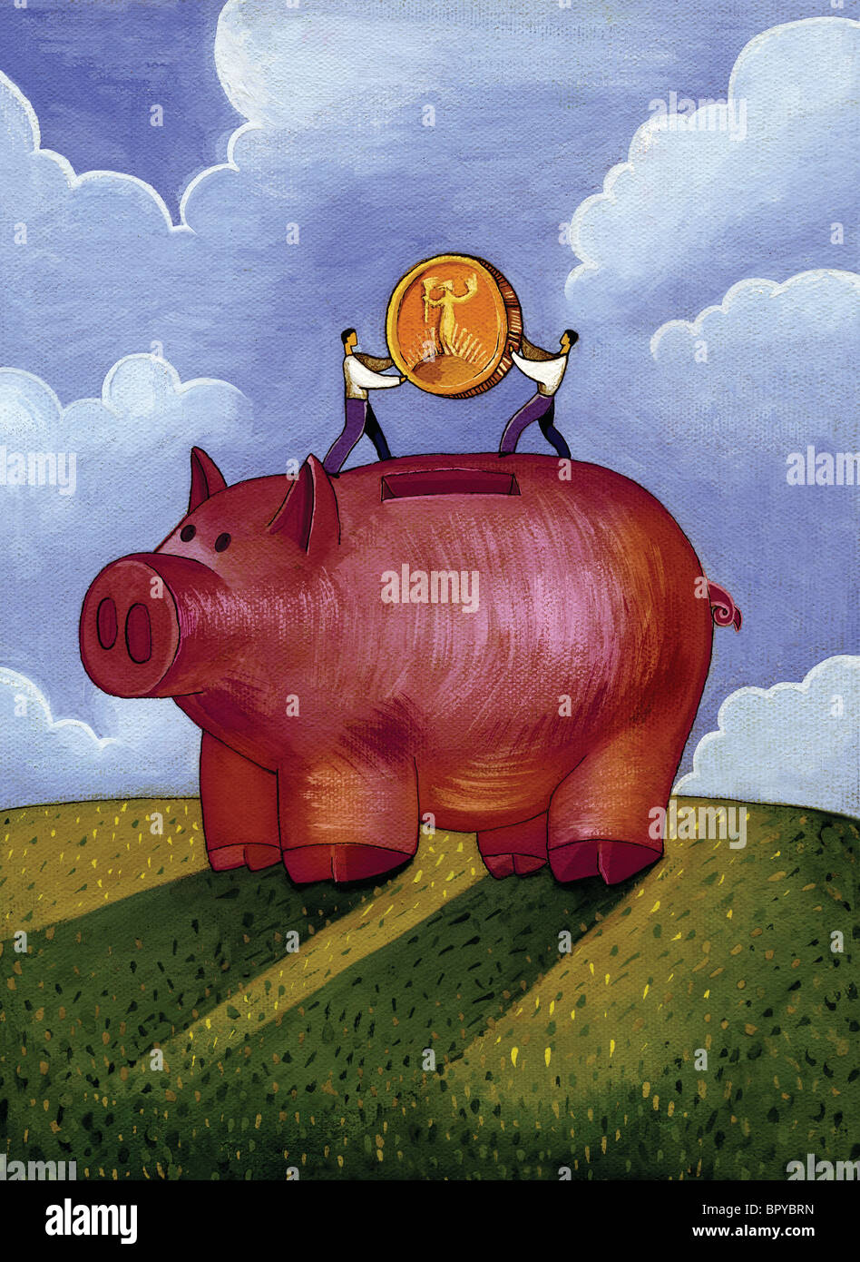 Two men putting a large gold coin into a giant piggy bank Stock Photo ...