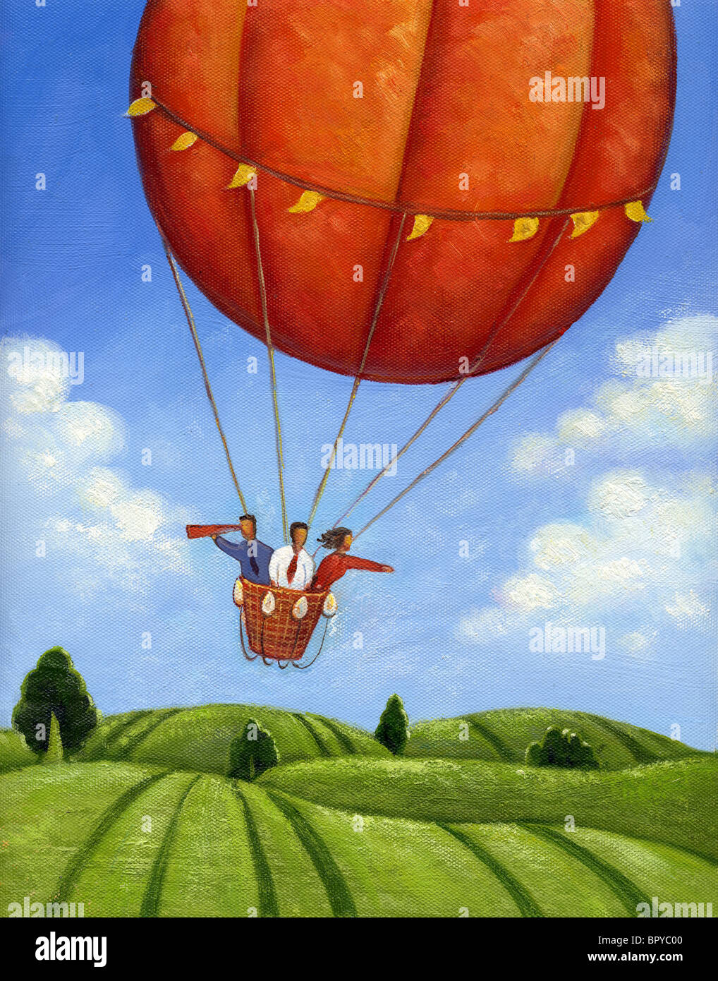 Three people riding in a hot air balloon Stock Photo - Alamy