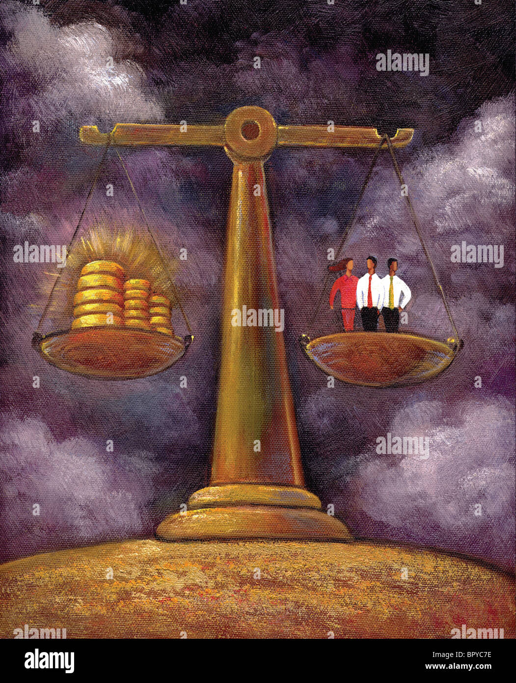 An illustration of three people standing on a scale being balanced by ...