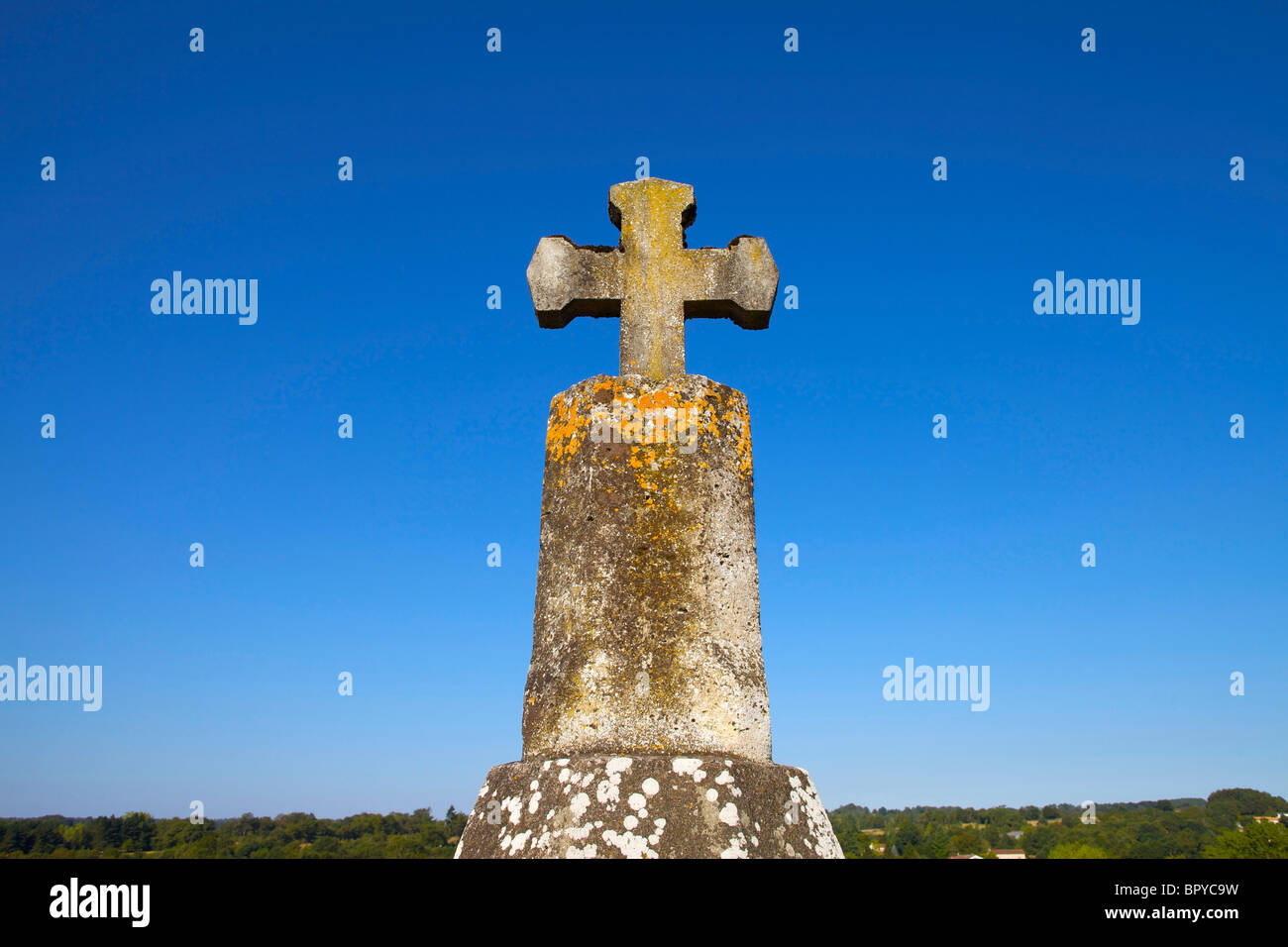 Stone cross overlooking a river valley in central France Stock Photo ...