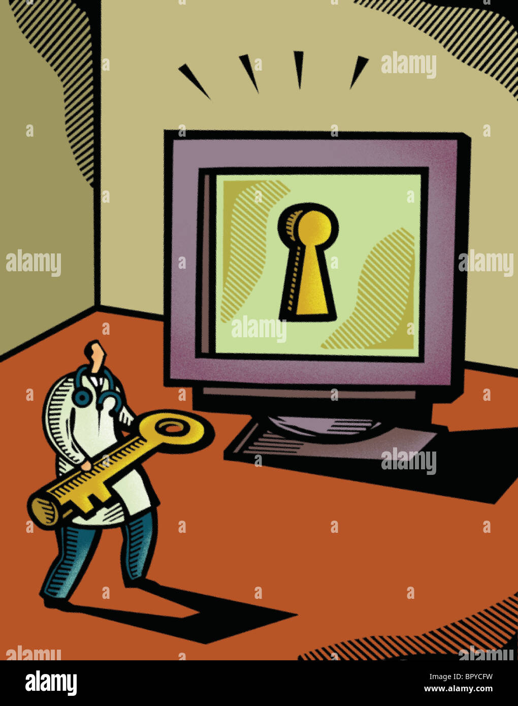 Doctor holding a giant key in front of a computer screen that has a ...