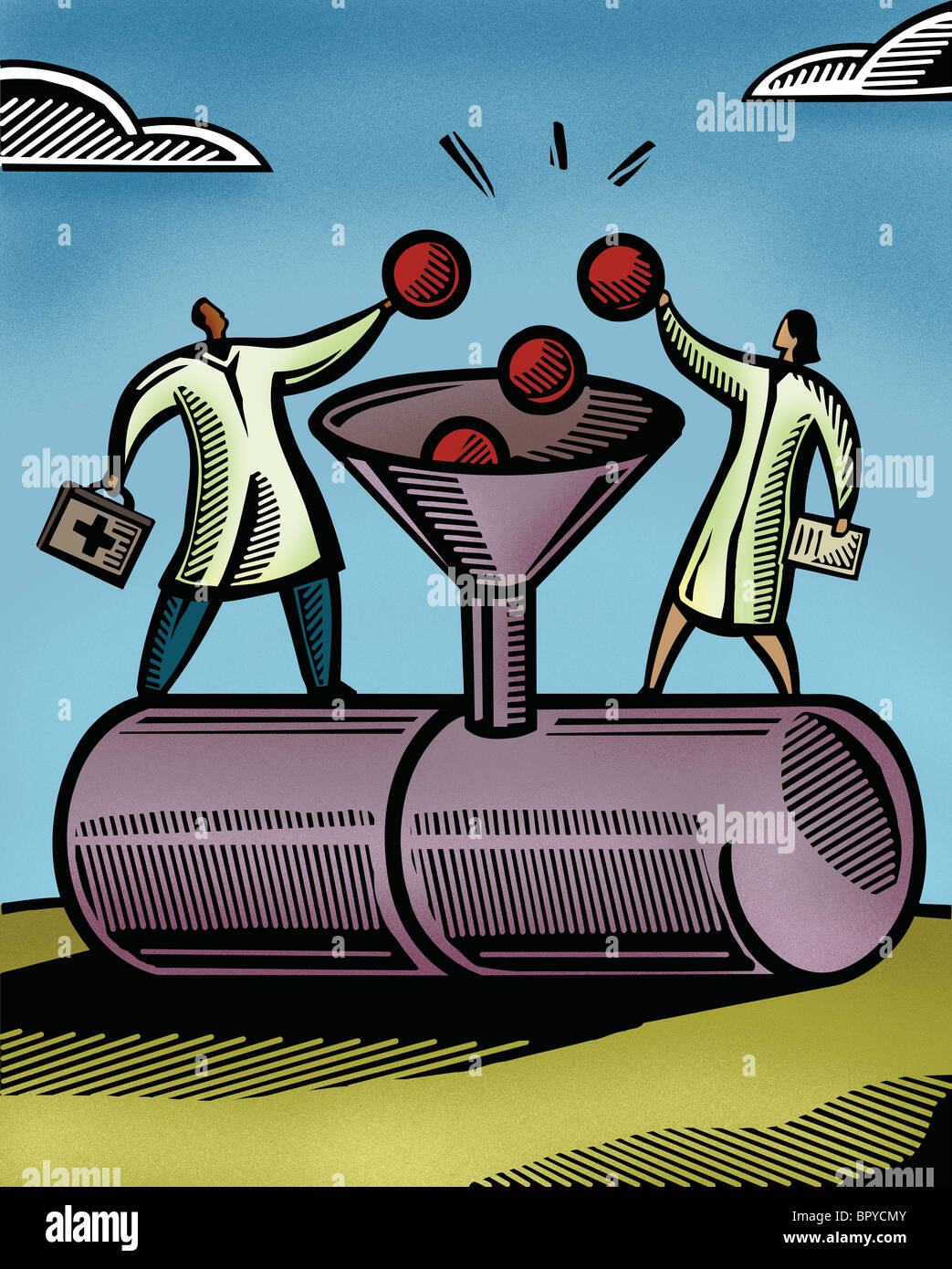 Two doctors putting medicine into a funnel Stock Photo - Alamy