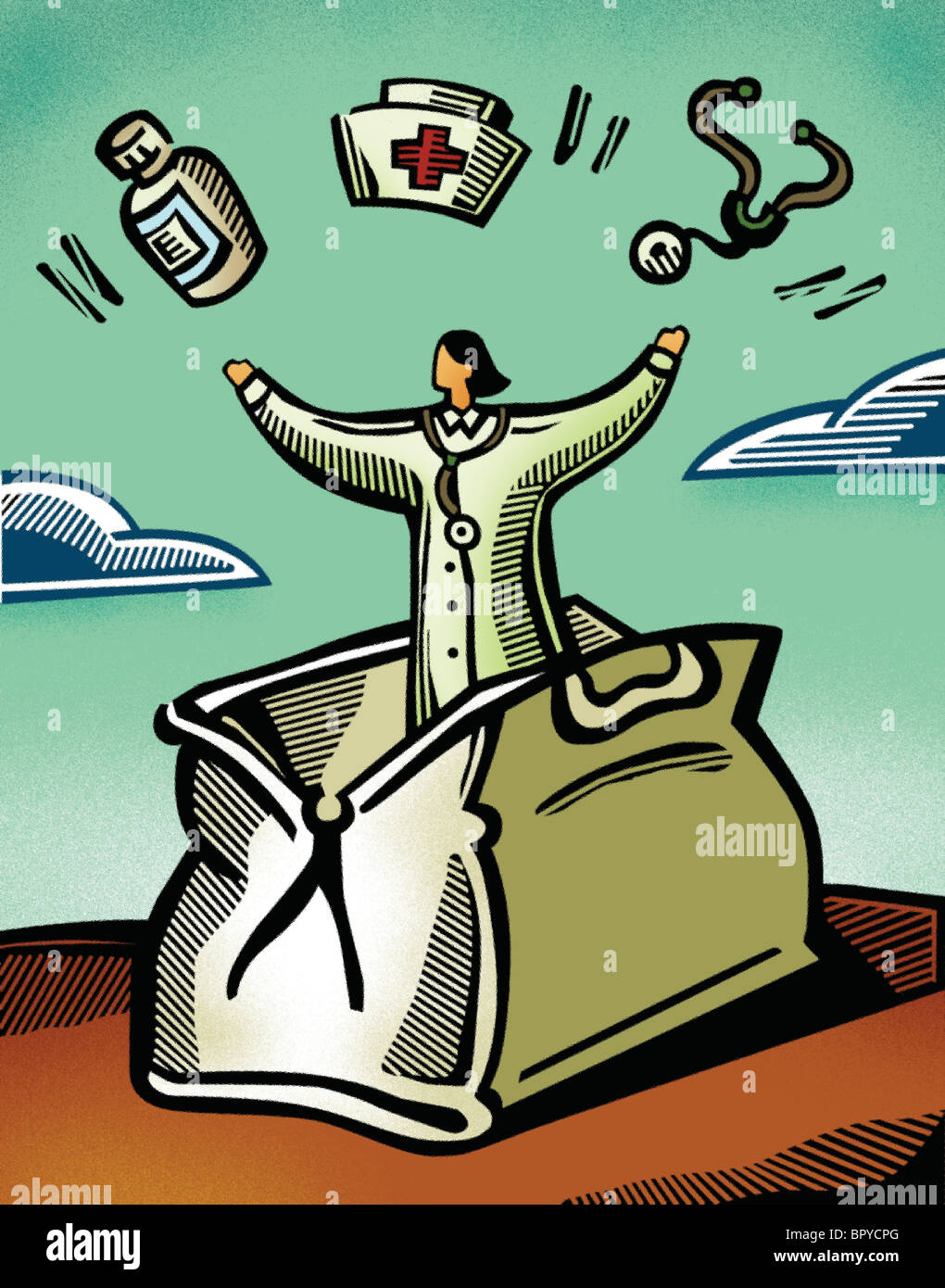 Doctor standing in a medical bag juggling different items Stock Photo ...