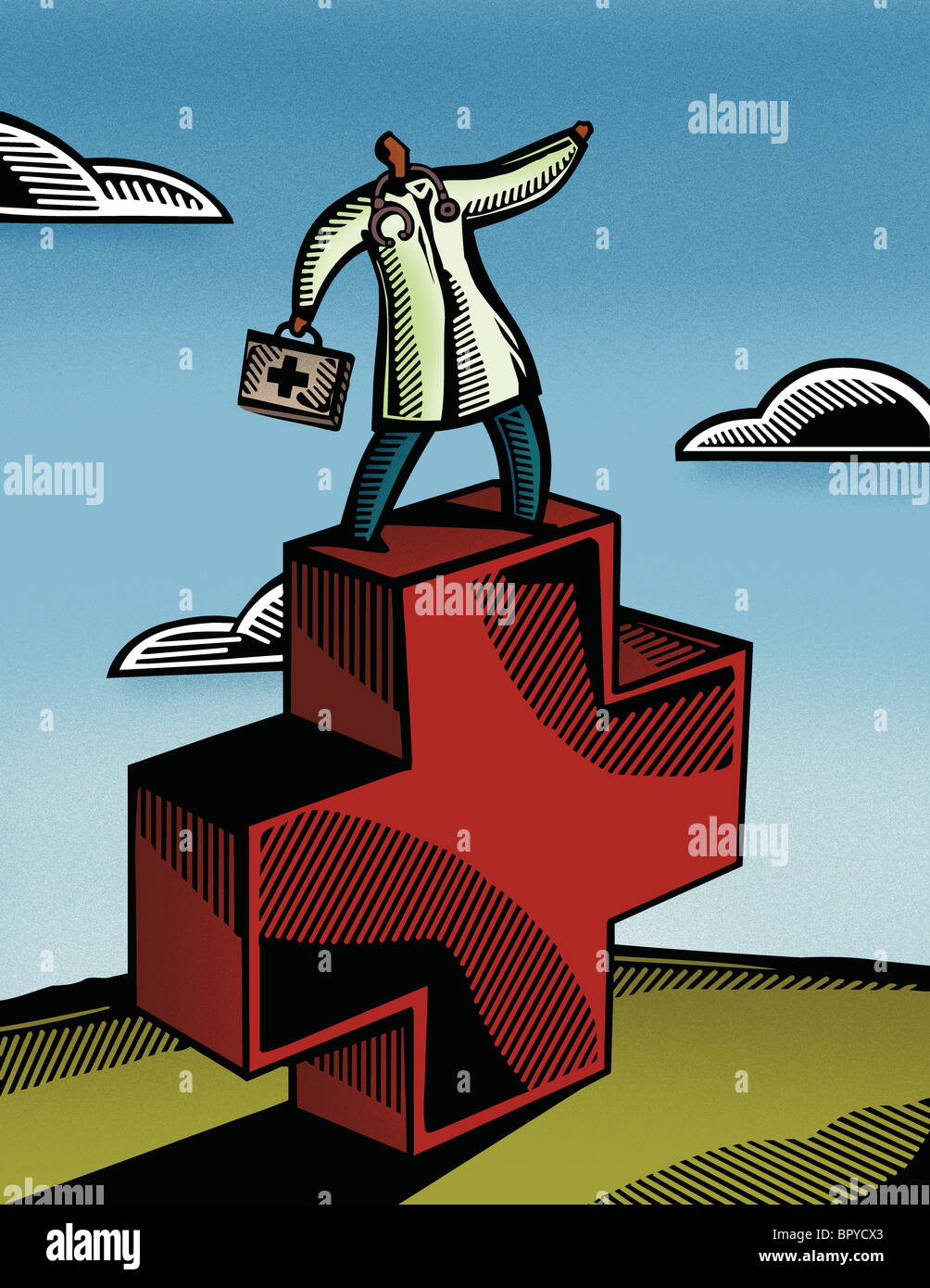 Doctor standing on a giant red cross sign Stock Photo - Alamy