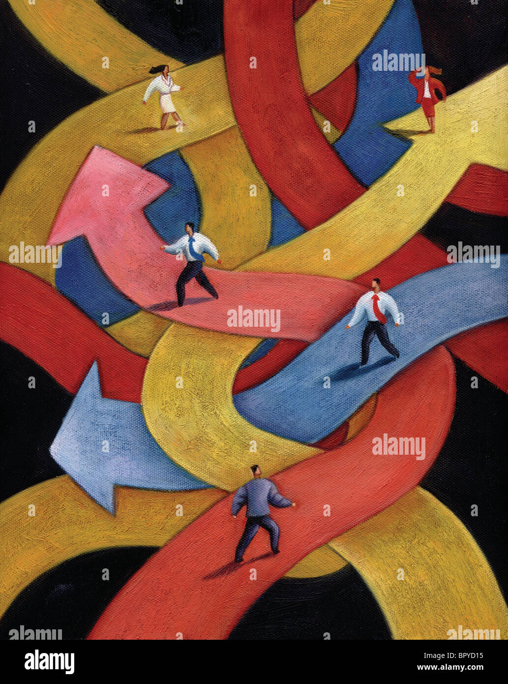 Five business people walking on different arrow pathways pointing in ...