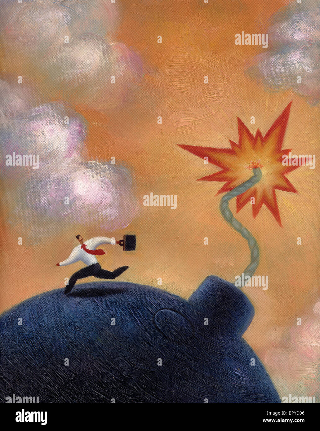 Businessman running from a giant lit bomb Stock Photo - Alamy