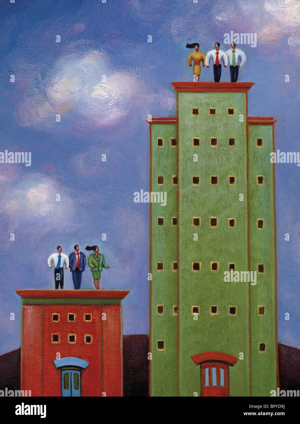 Two groups of business people standing on buildings of varying heights ...