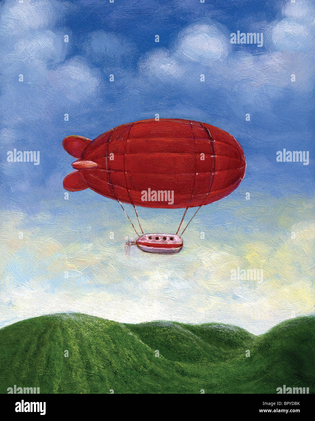 A red blimp floating over green hills Stock Photo - Alamy