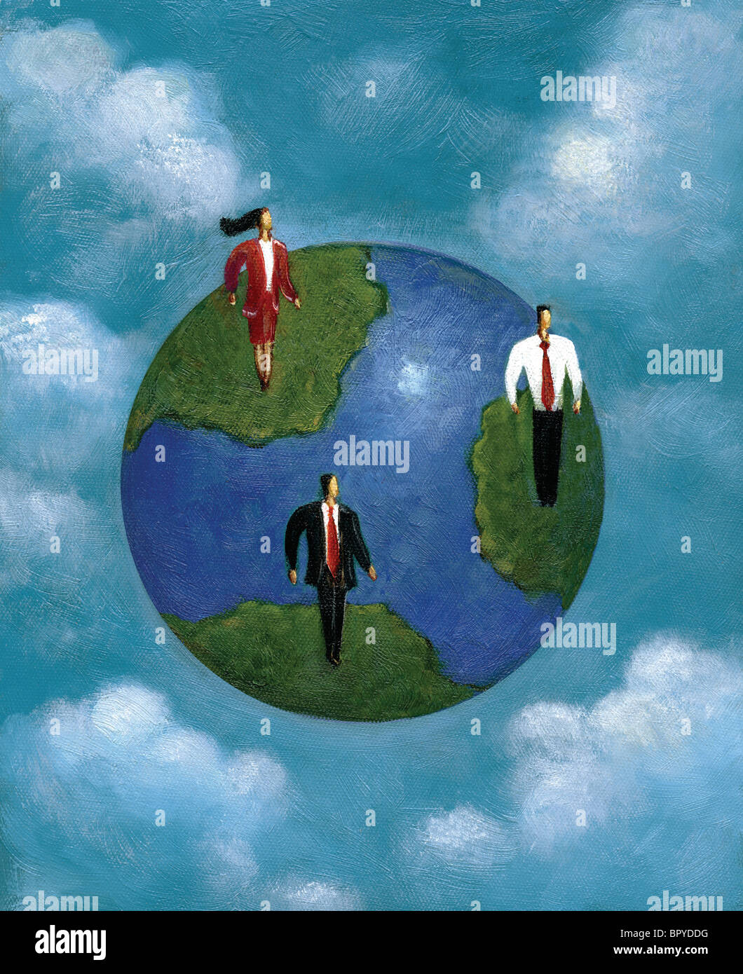 Three business people standing on different continents of the earth ...