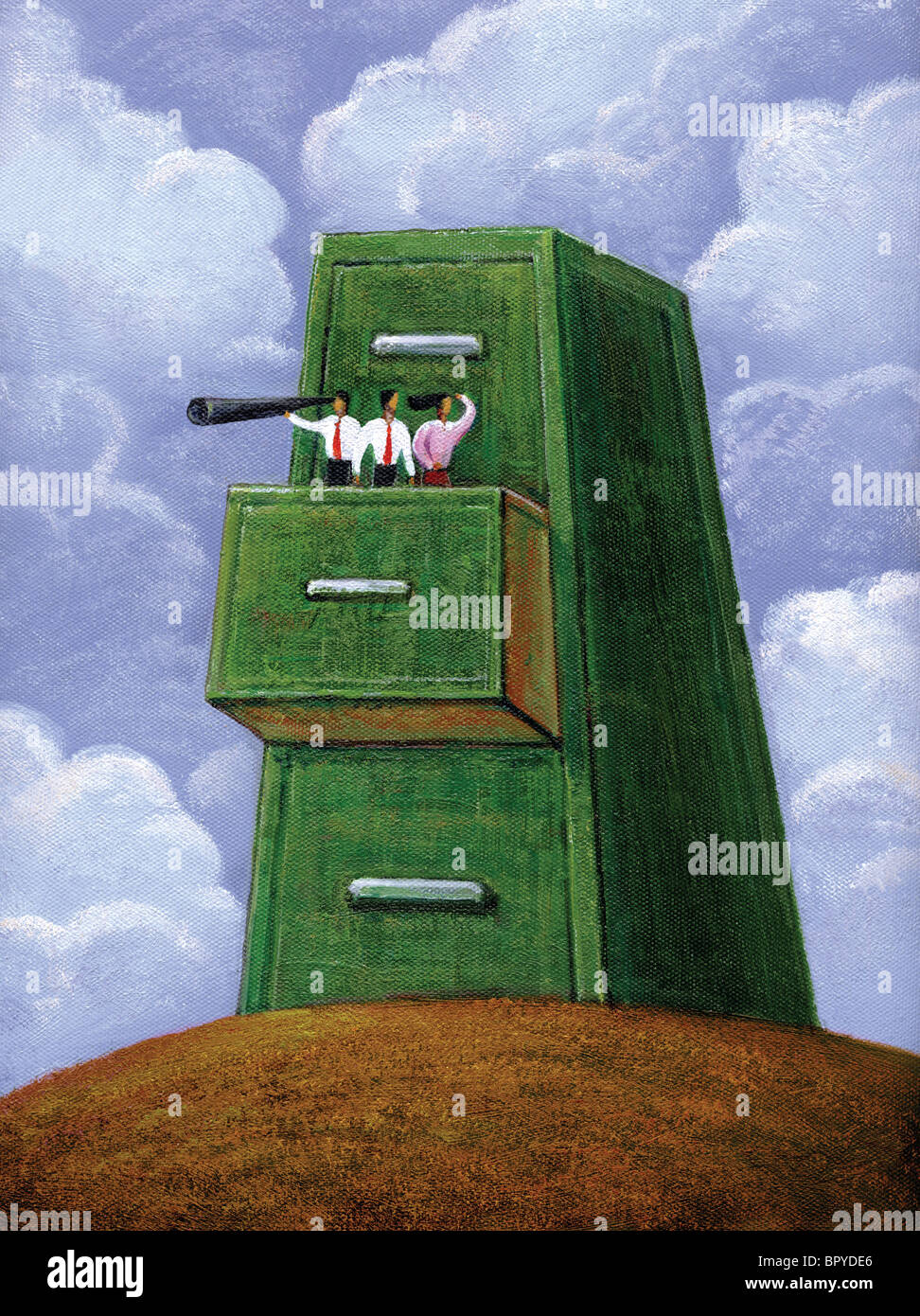 Three business people standing in a cabinet drawer and looking out into ...