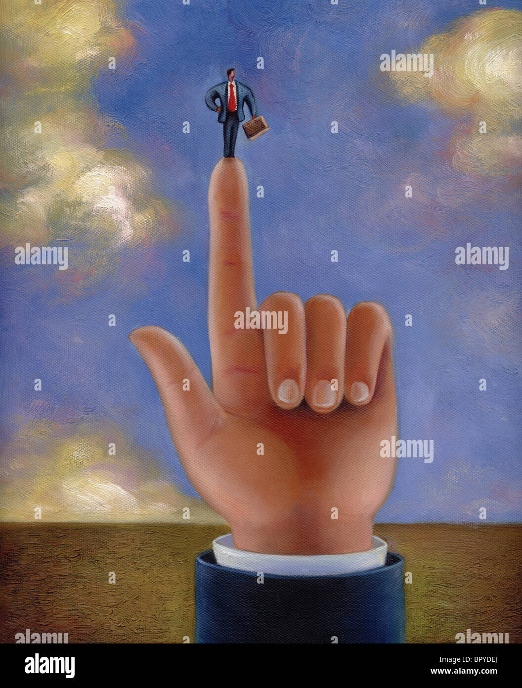 Tiny businessman standing on the fingertip of a giant human hand Stock ...