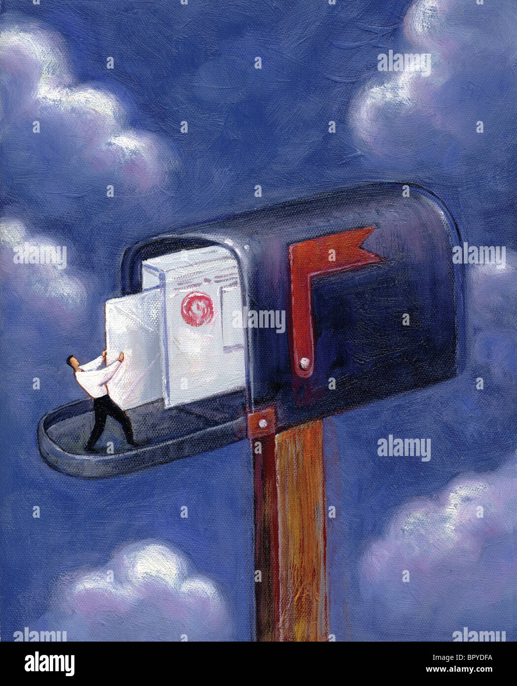 Tiny man pulling mail from a giant mailbox Stock Photo - Alamy