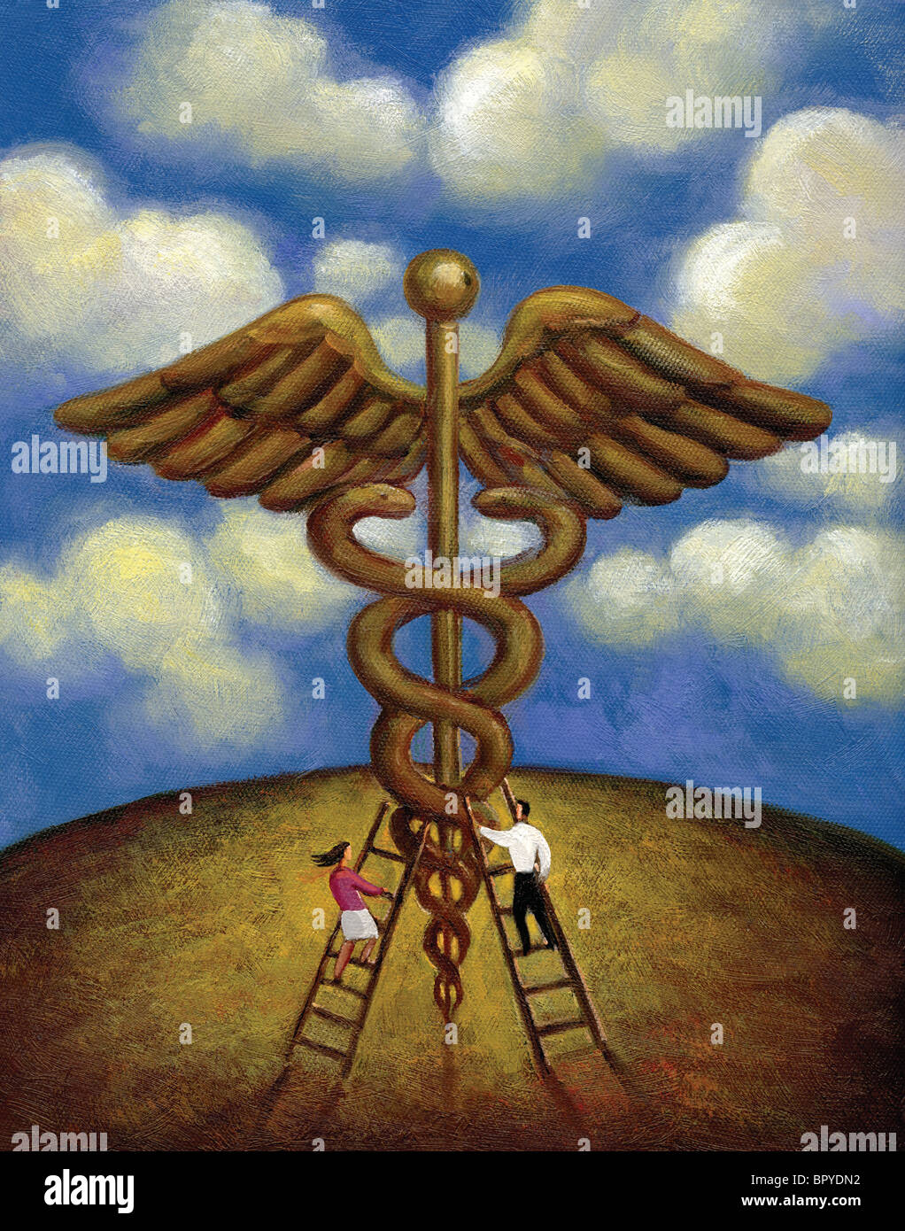 High angle view of a man and woman climbing ladders leading to a giant ...