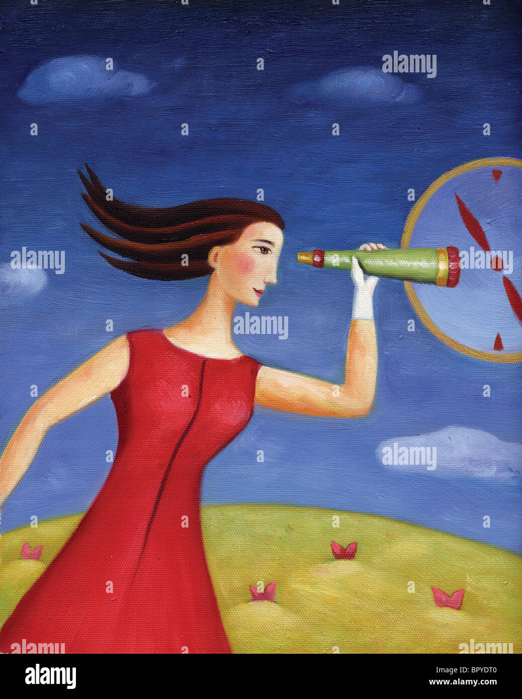A woman looking through a telescope at a clock dial Stock Photo - Alamy