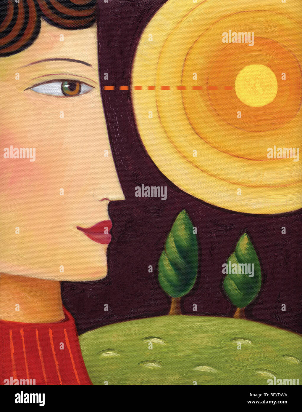 Profile of a woman looking into the center of the sun Stock Photo - Alamy