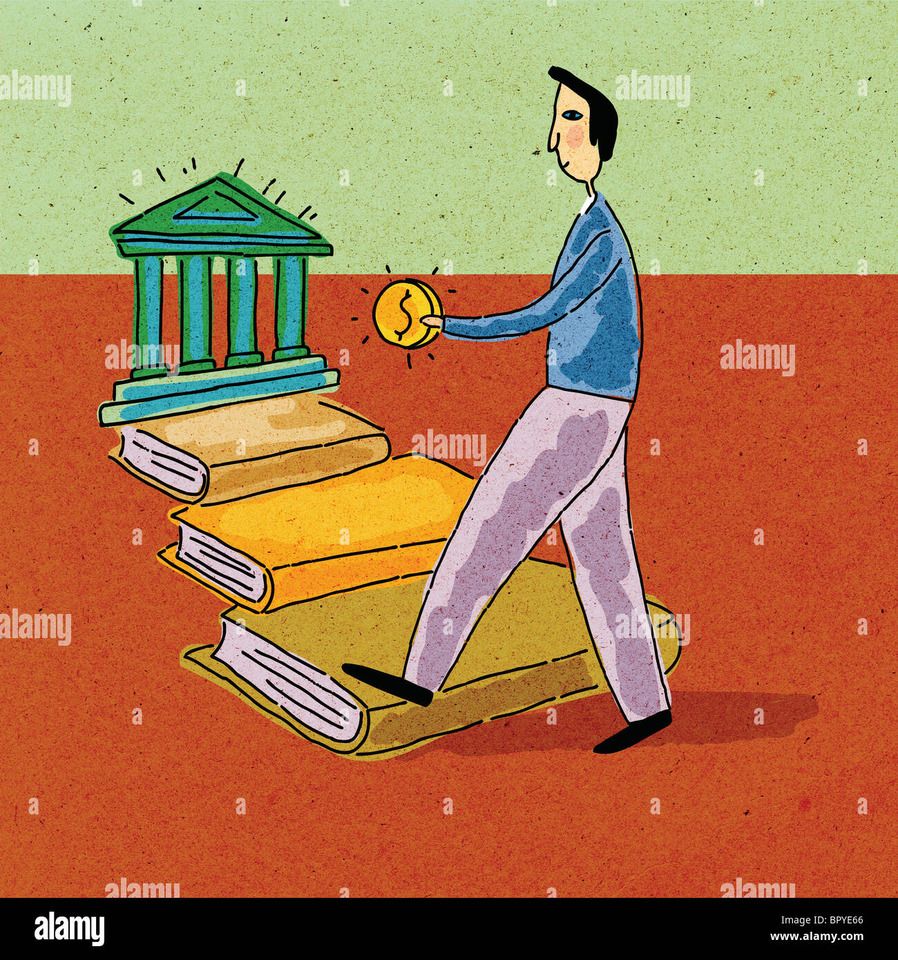 A man holding money, walking along a path of books towards a bank Stock ...