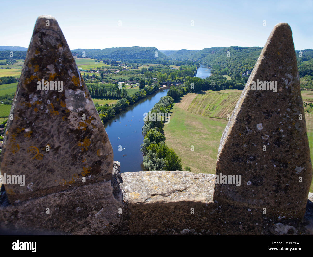 View from Beynac castle battlements of the river Dordogne in France ...