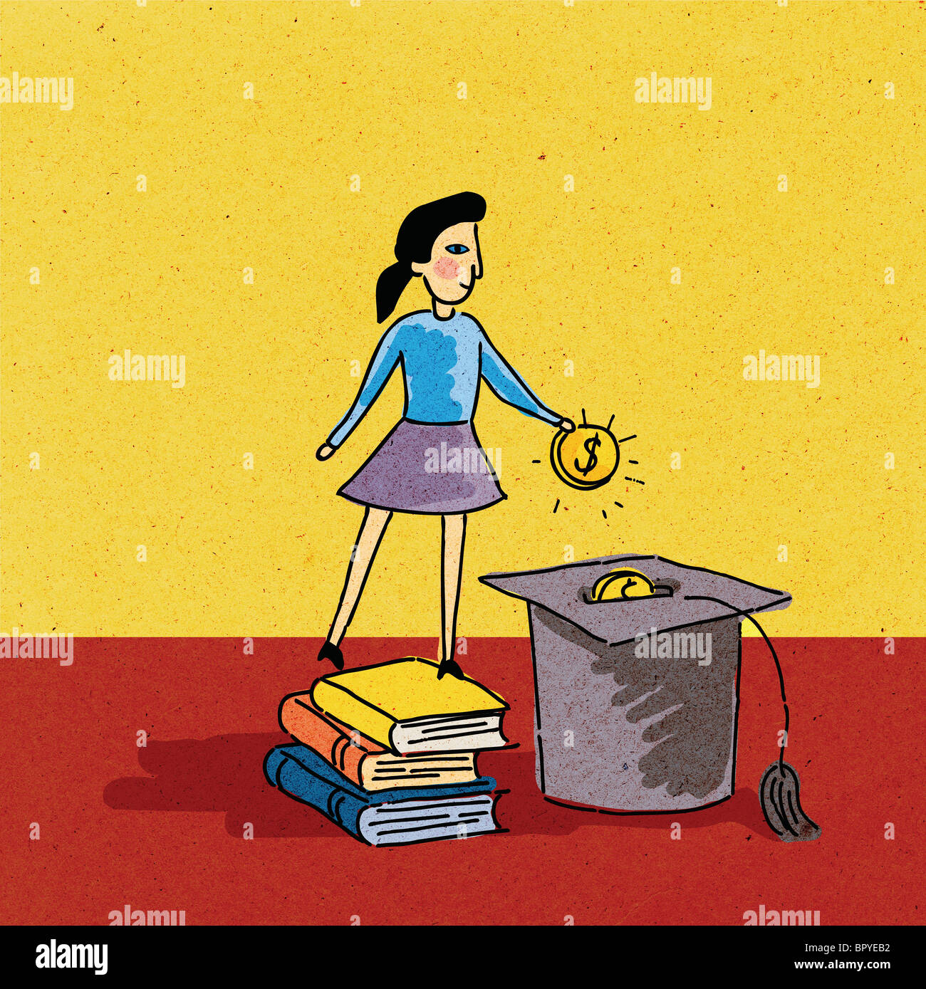 Girl standing on a stack of books, putting money into a graduation cap ...