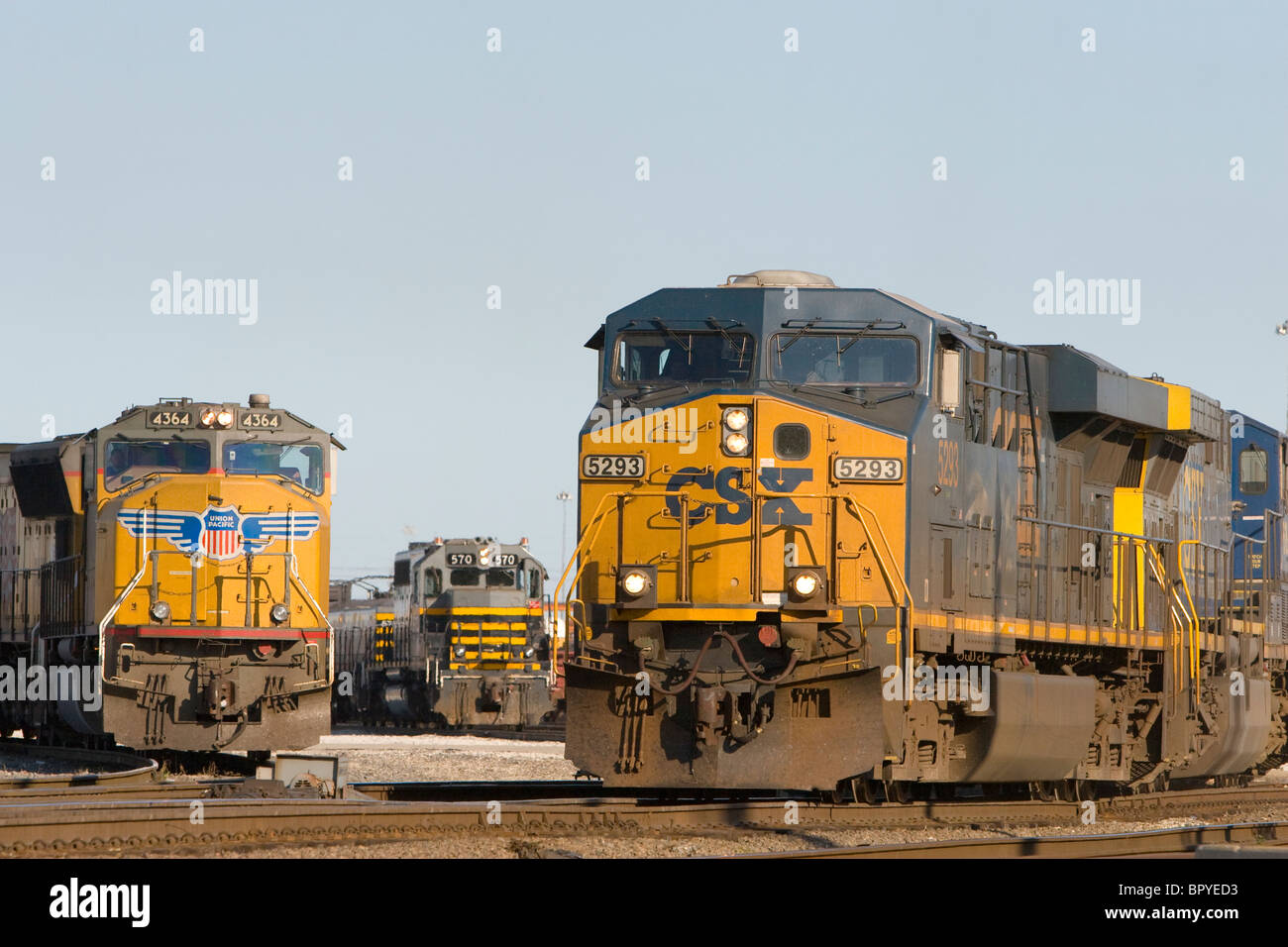 Trains from three railroads meet at a freight yard in Chicago, IL Stock ...