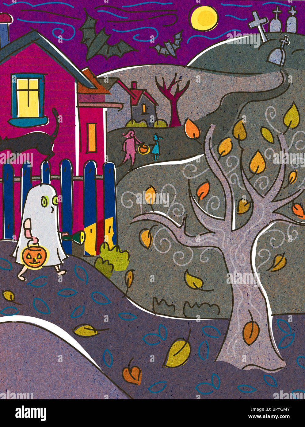 A child dressed as a ghost trick or treating on Halloween Stock Photo ...