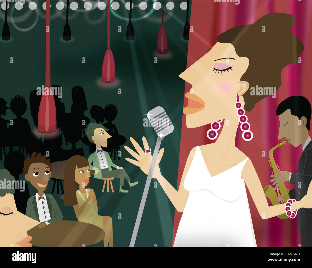 A woman singing in a night club with an audience Stock Photo - Alamy