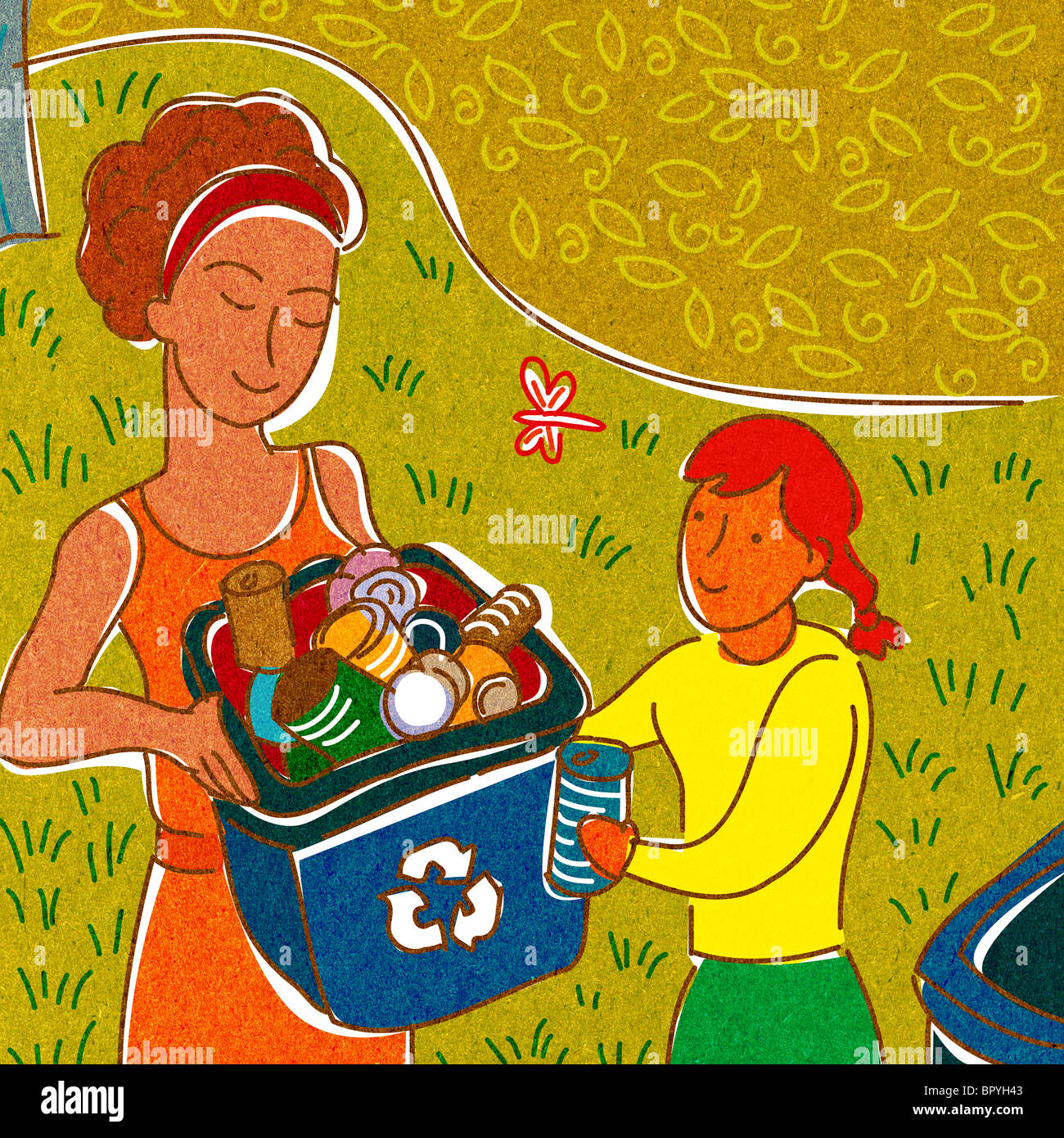 A girl helping a woman recycle Stock Photo - Alamy