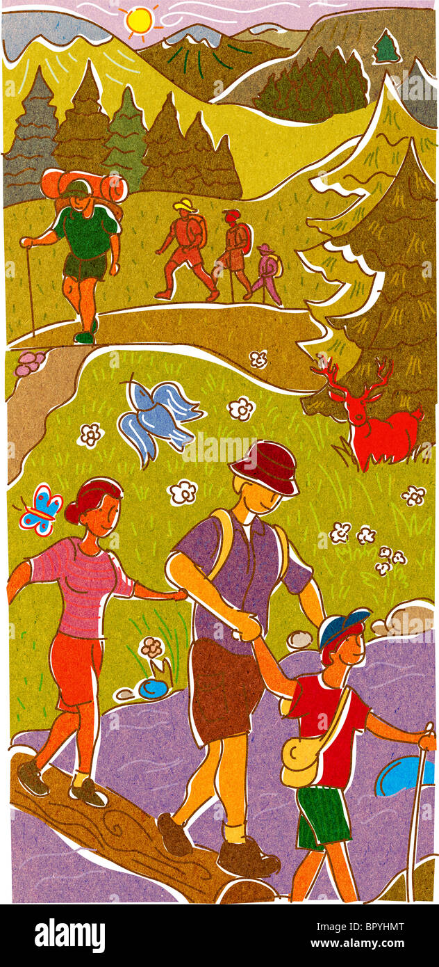 A family going hiking with others following behind Stock Photo - Alamy