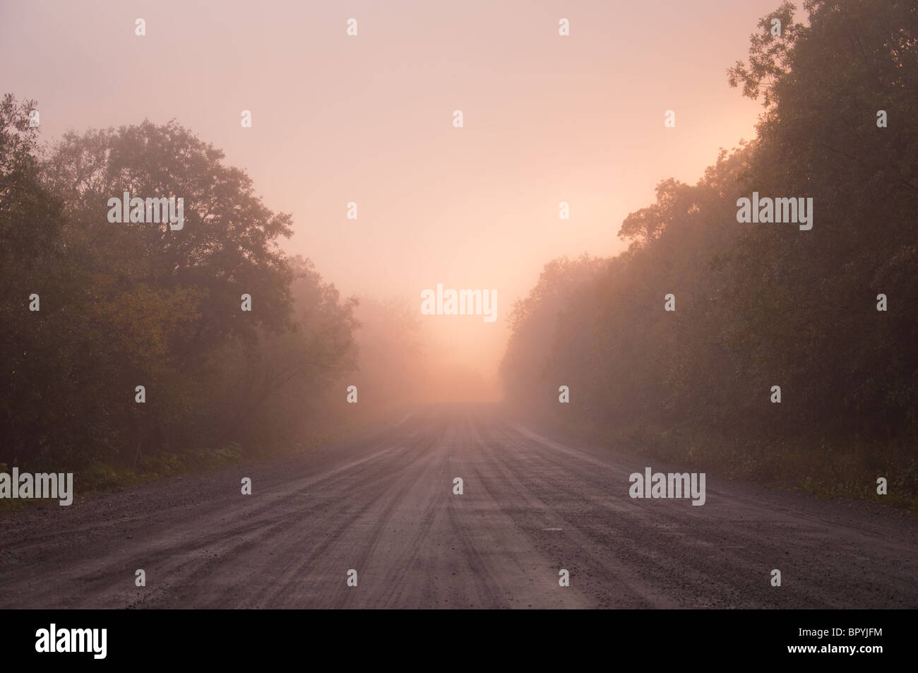 Foggy view of road with orange fiery haze Stock Photo - Alamy