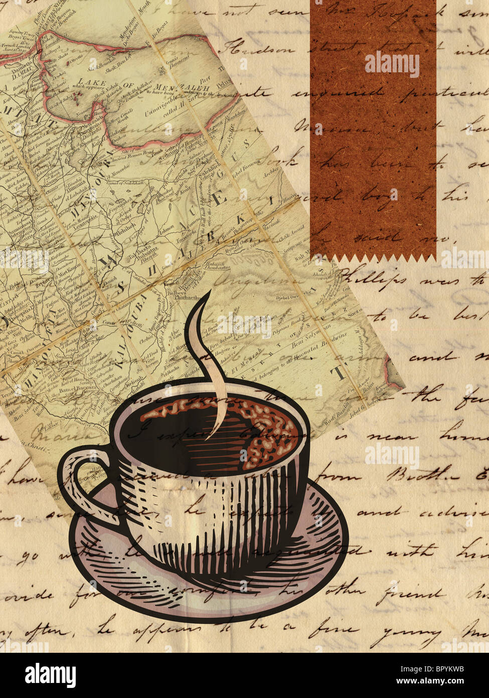 A hot cup of coffee, with a map and an old letter in the background ...