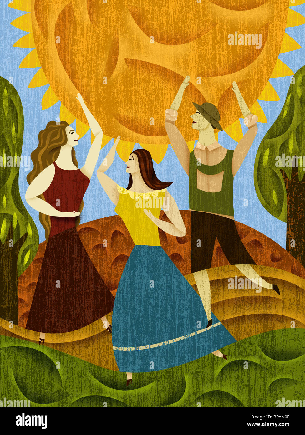 Three people dancing near the sun Stock Photo - Alamy