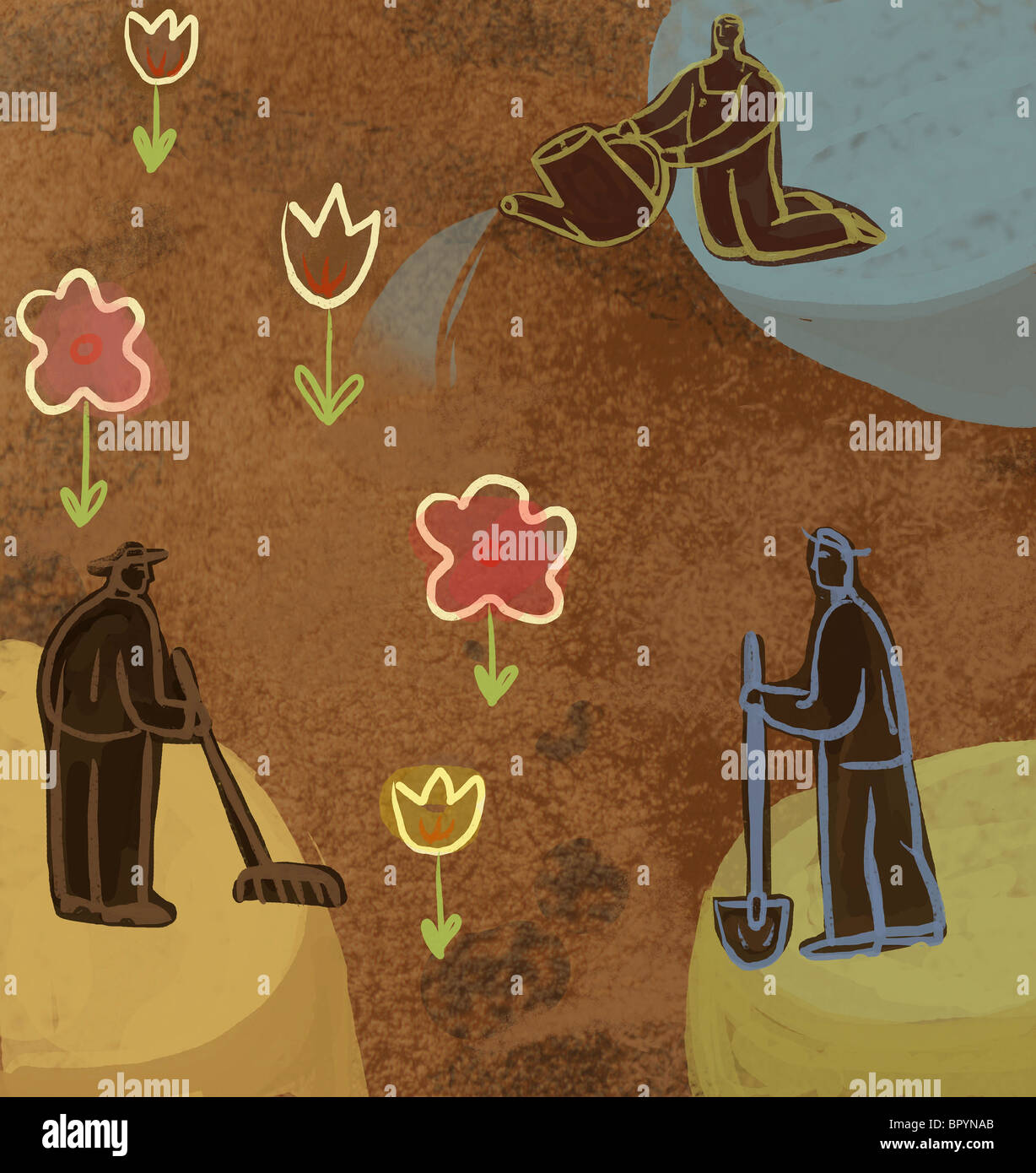 Outline of three gardeners tending flowers Stock Photo - Alamy