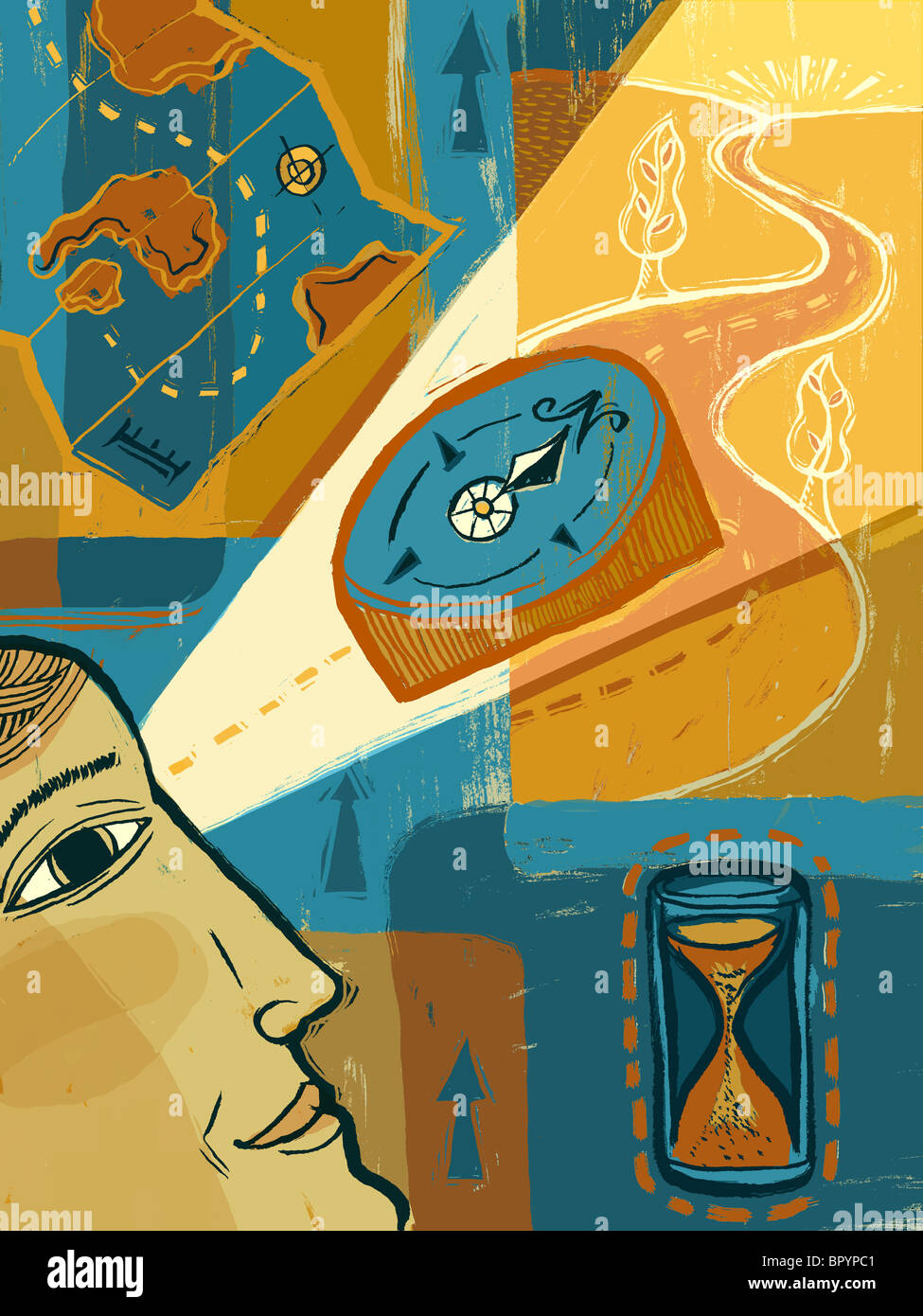 Collage of a man looking at a compass, with a map and hourglass in the ...