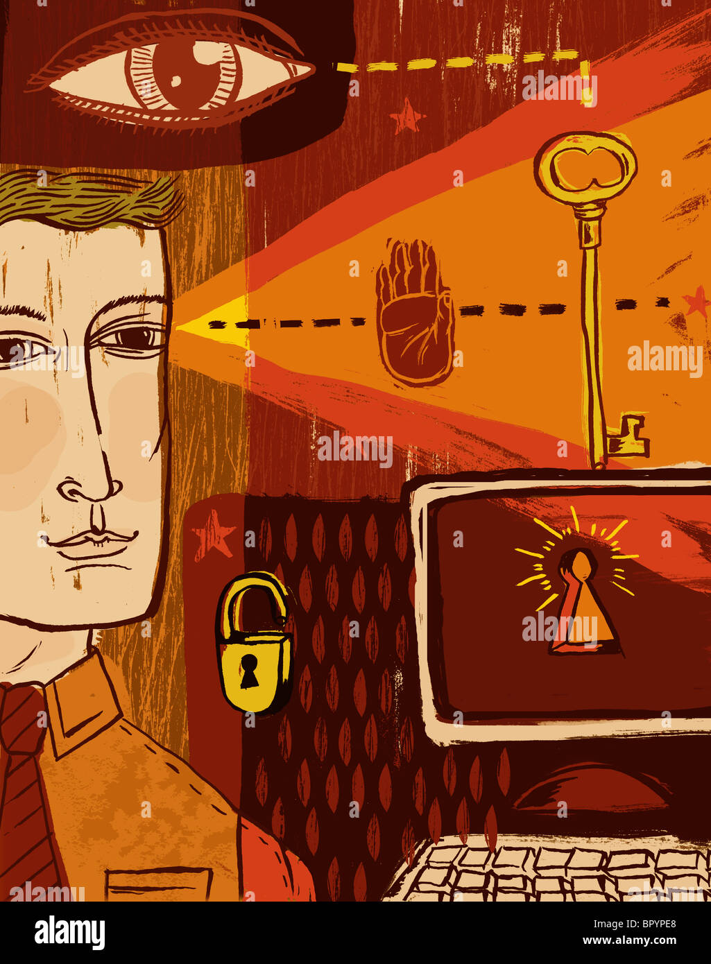 A man looking at a key that fits into the keyhole on a computer monitor ...